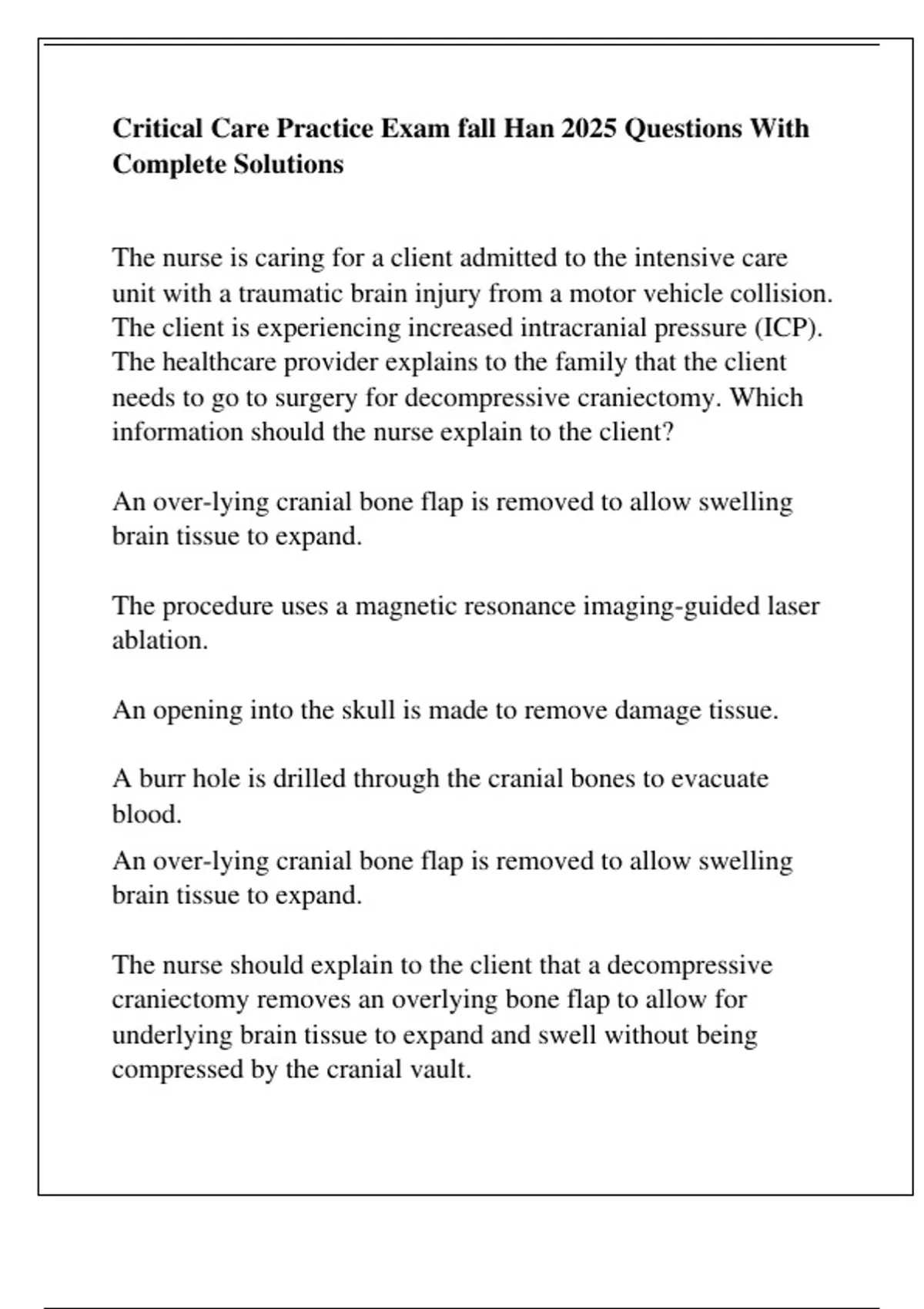 Critical Care Practice Exam fall Han 2025 Questions With Complete ...