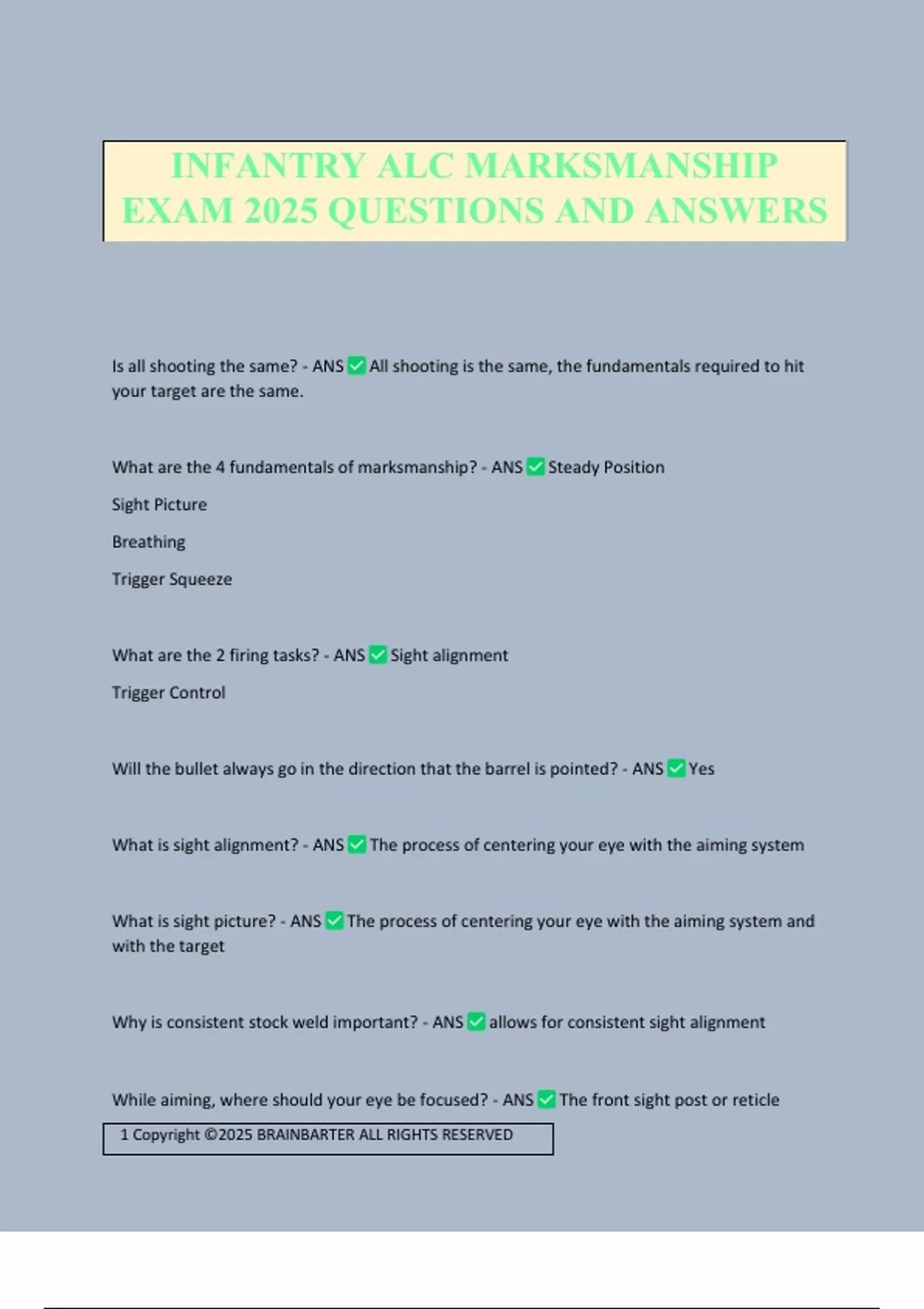 INFANTRY ALC MARKSMANSHIP EXAM 2025 QUESTIONS AND ANSWERS - INFANTRY ...
