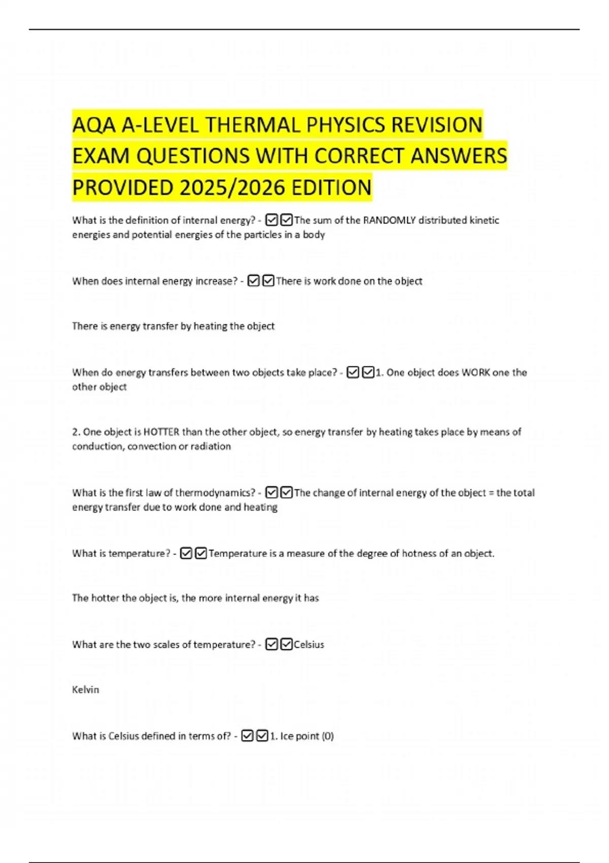AQA A-LEVEL THERMAL PHYSICS REVISION EXAM QUESTIONS WITH CORRECT ANSWERS PROVIDED 2025/2026 ...