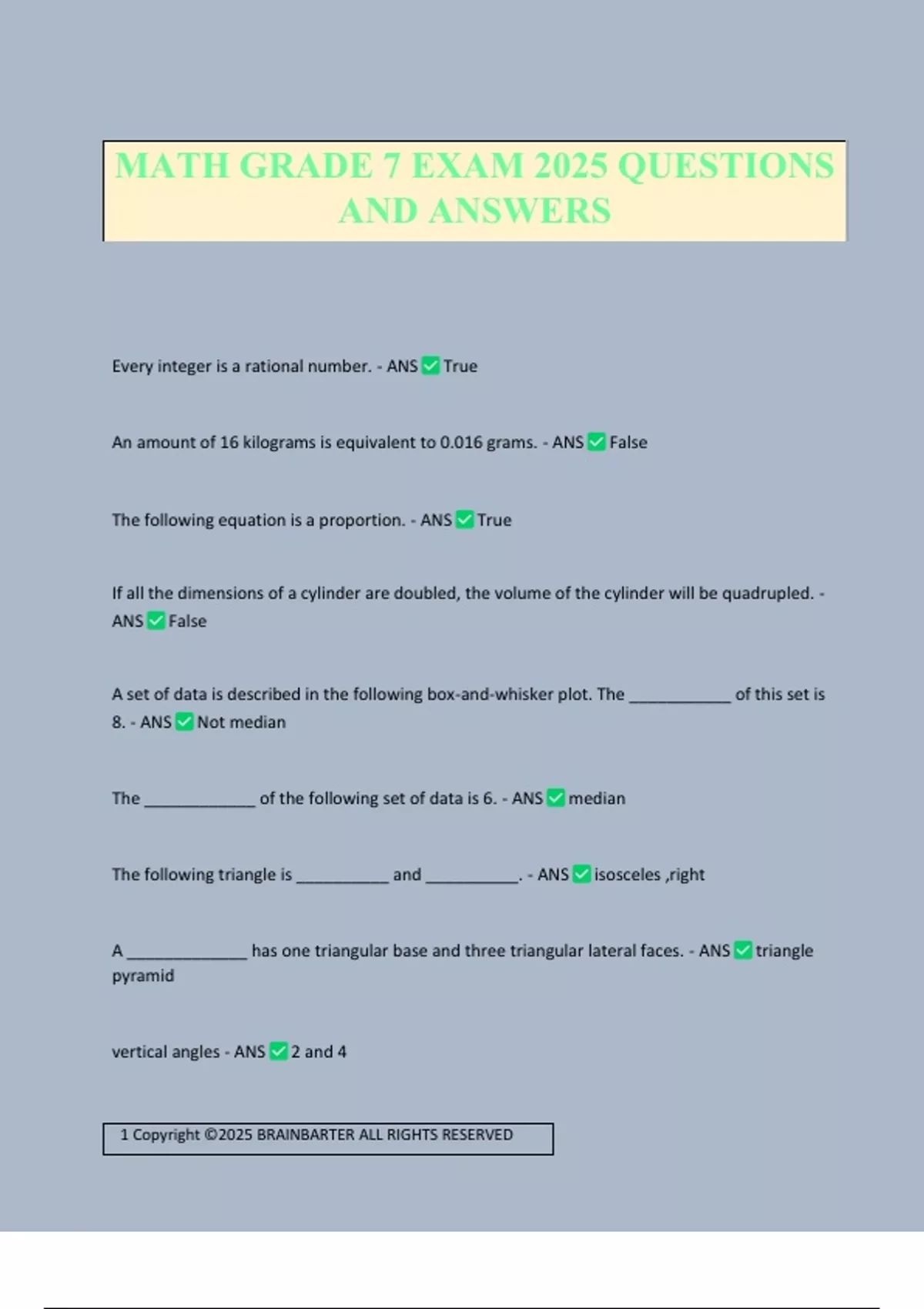 MATH GRADE 7 EXAM 2025 QUESTIONS AND ANSWERS - MATH GRADE 7 - Stuvia US