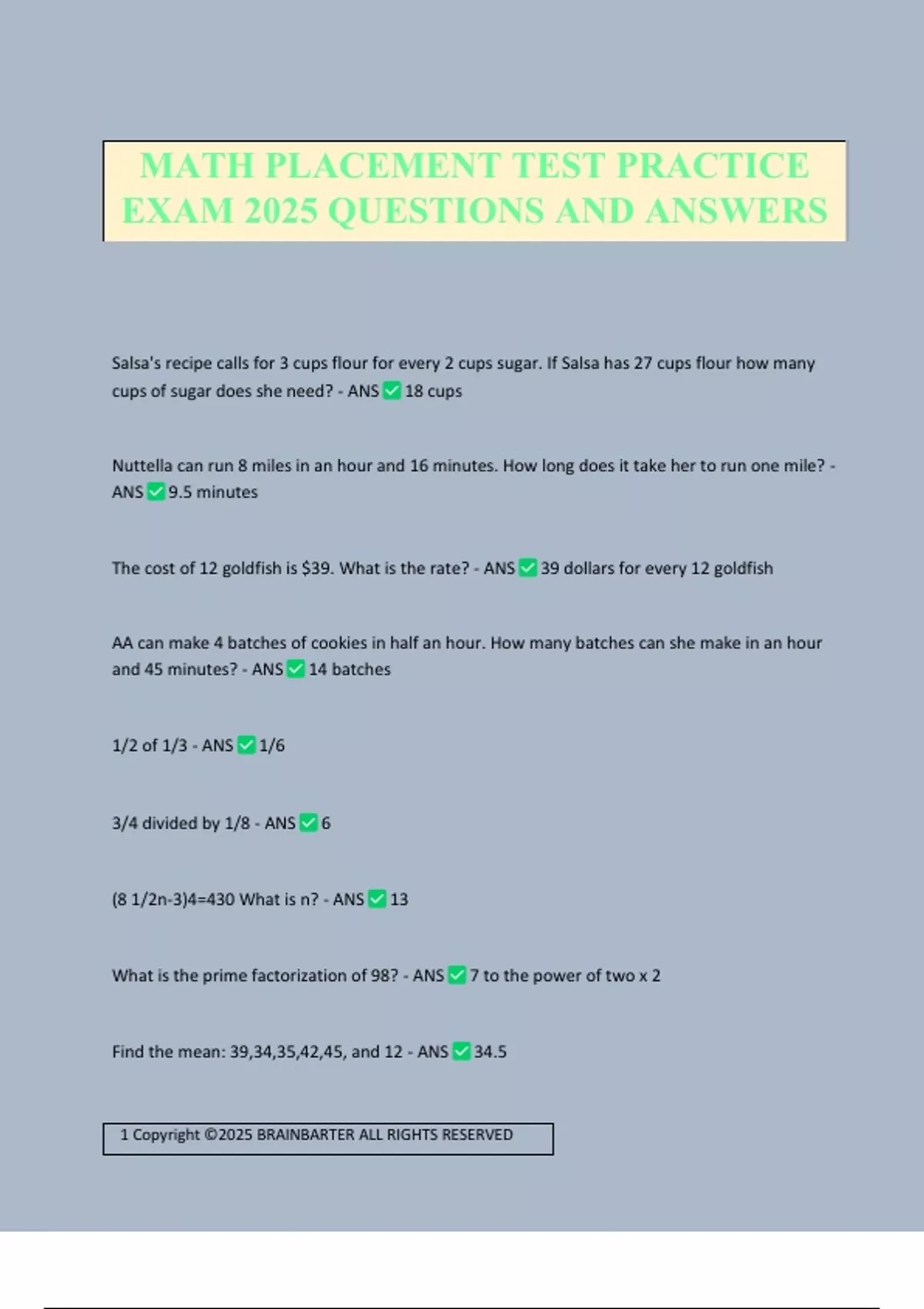 MATH PLACEMENT TEST PRACTICE EXAM 2025 QUESTIONS AND ANSWERS - MATH ...