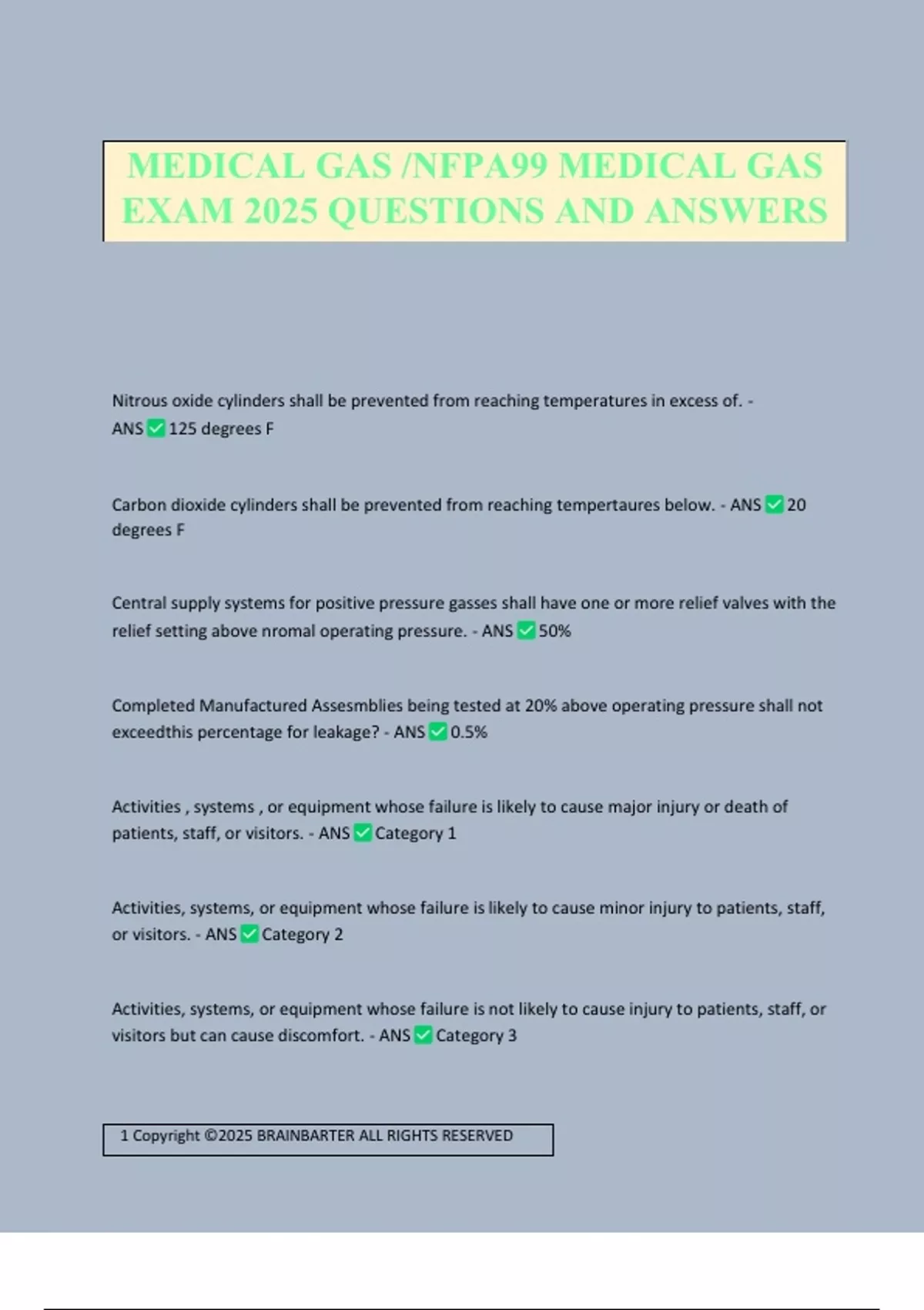 MEDICAL GAS /NFPA99 MEDICAL GAS EXAM 2025 QUESTIONS AND ANSWERS ...