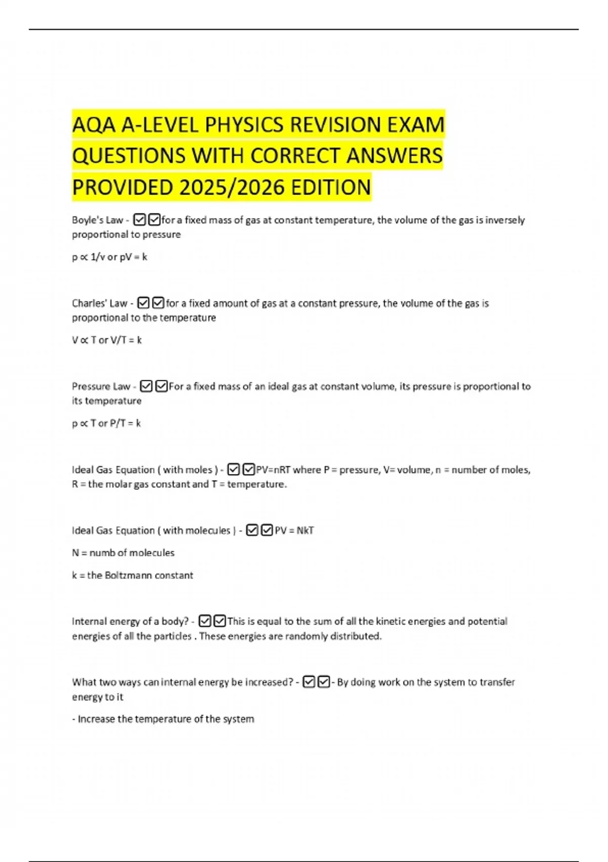 AQA A-LEVEL PHYSICS REVISION EXAM QUESTIONS WITH CORRECT ANSWERS ...
