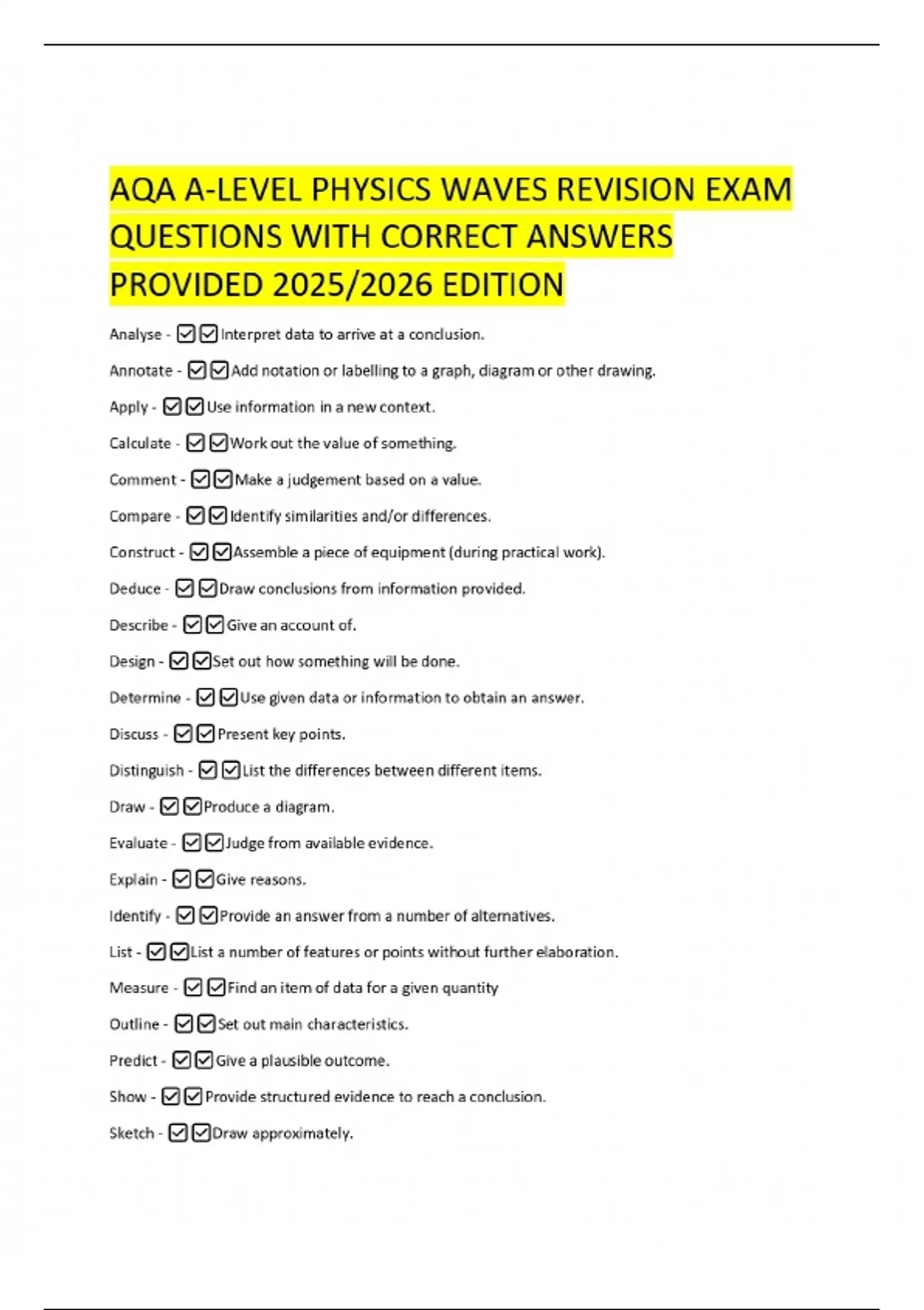 AQA A-LEVEL PHYSICS WAVES REVISION EXAM QUESTIONS WITH CORRECT ANSWERS ...