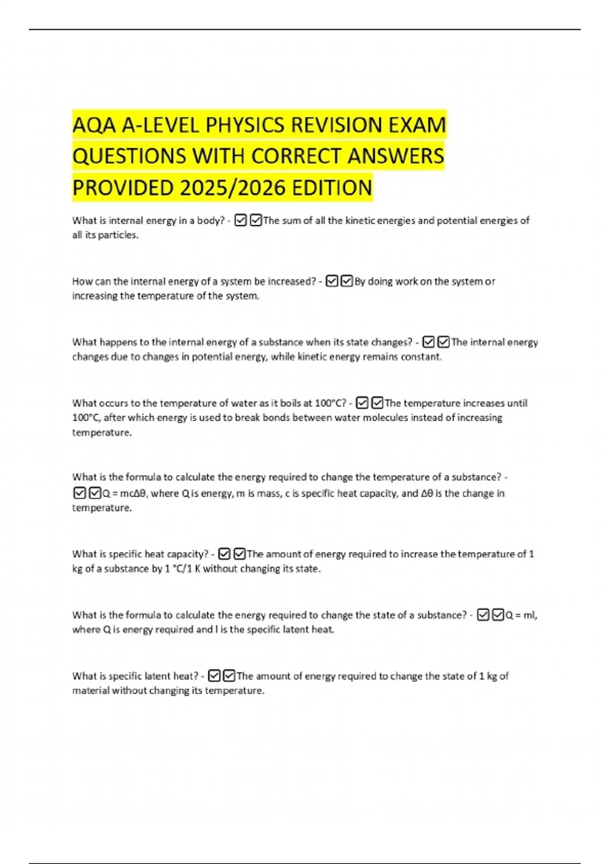AQA A-LEVEL PHYSICS REVISION EXAM QUESTIONS WITH CORRECT ANSWERS ...