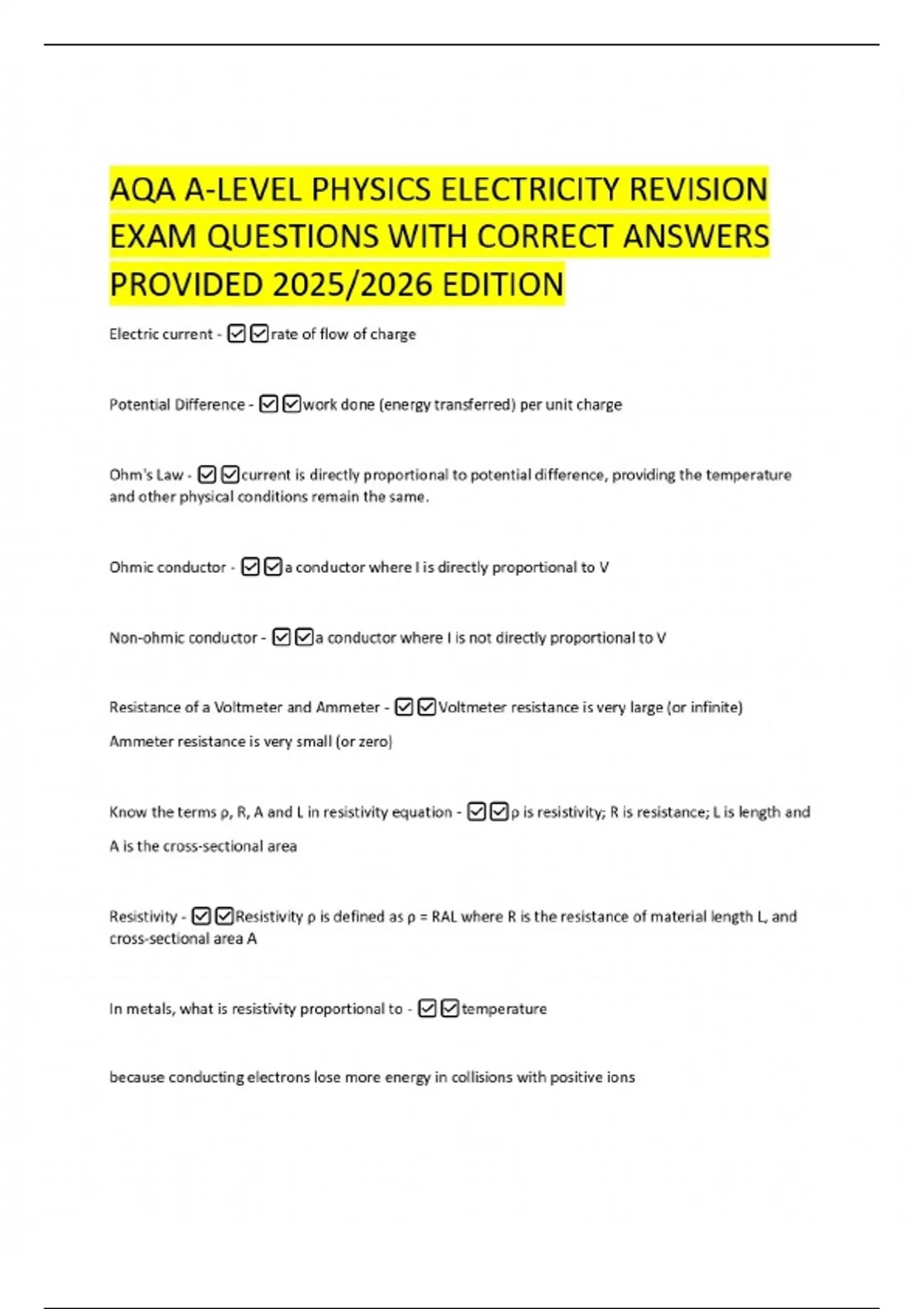 AQA A-LEVEL PHYSICS ELECTRICITY REVISION EXAM QUESTIONS WITH CORRECT ANSWERS PROVIDED 2025/2026 ...