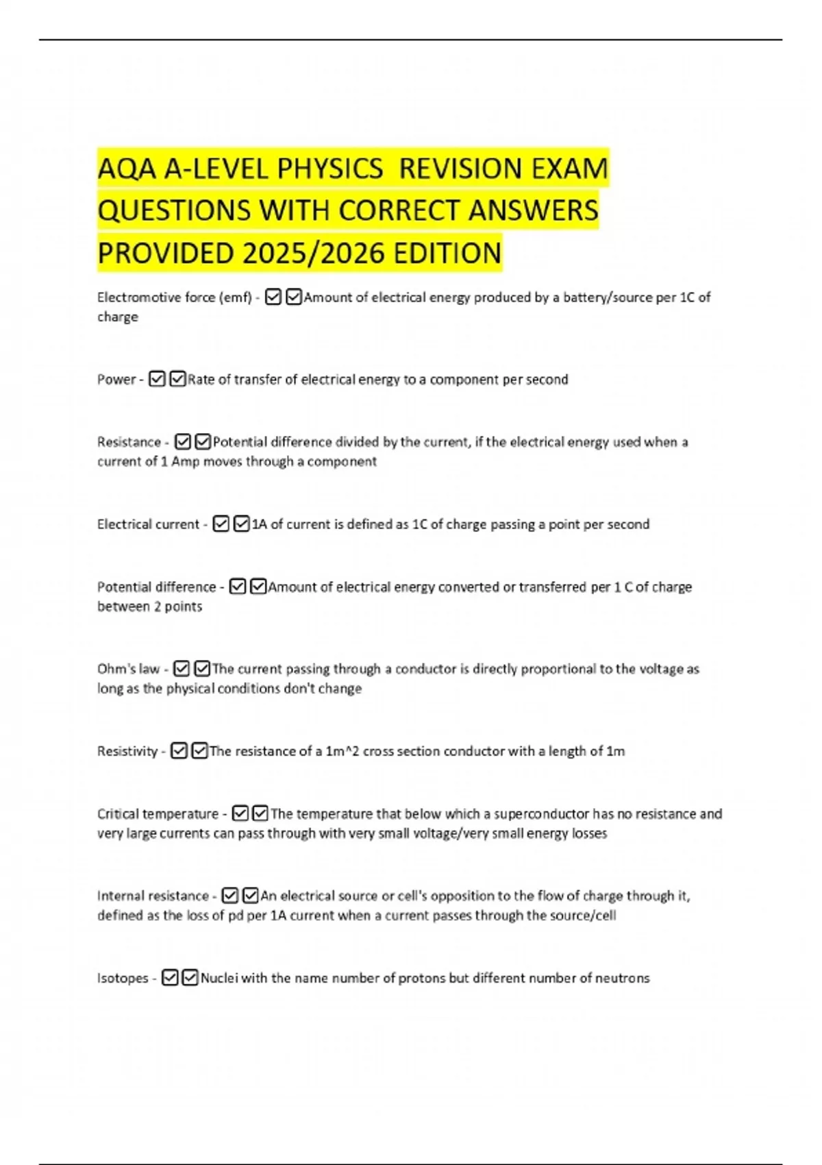AQA A-LEVEL PHYSICS REVISION EXAM QUESTIONS WITH CORRECT ANSWERS PROVIDED 2025/2026 EDITION ...