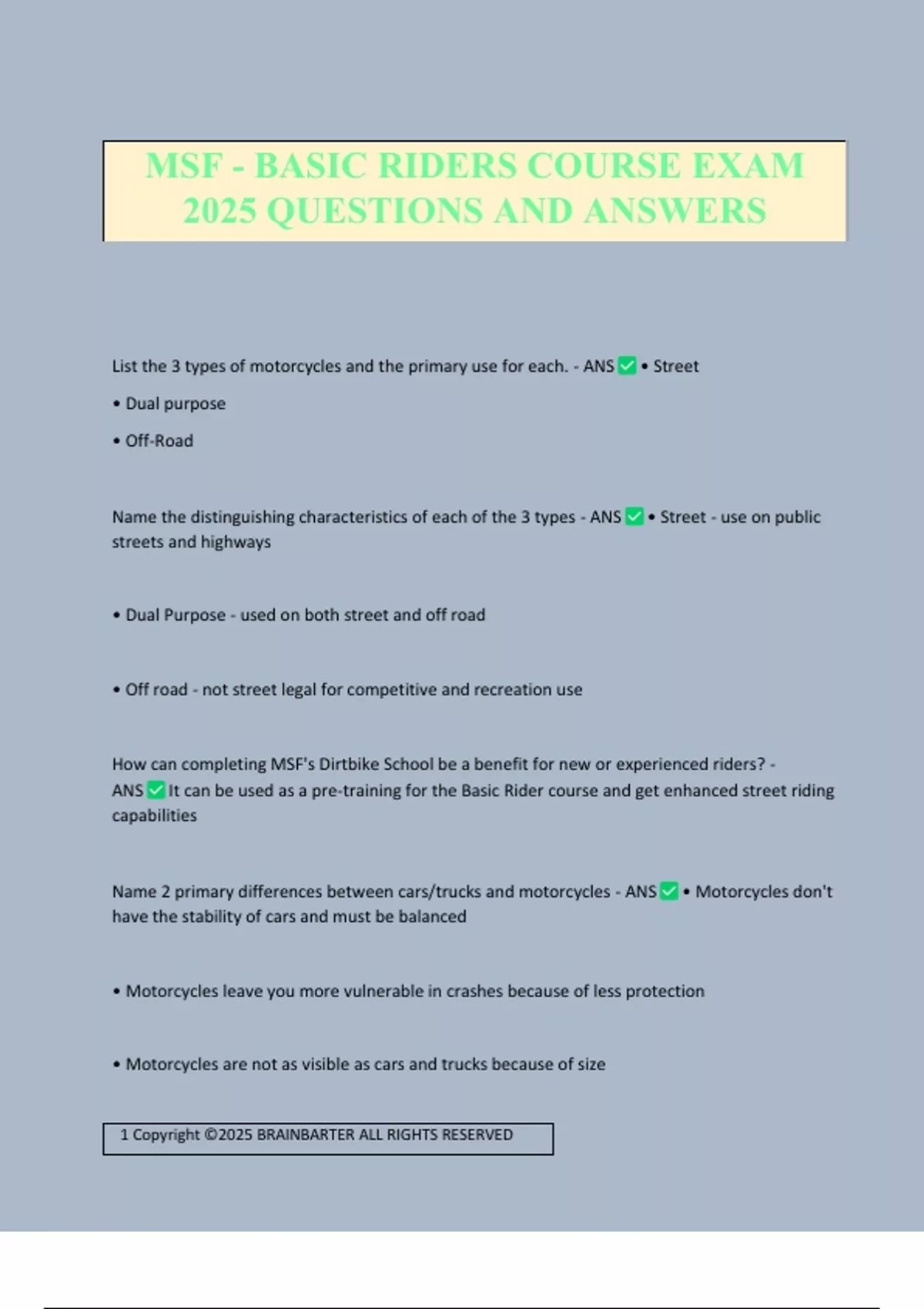 MSF - BASIC RIDERS COURSE EXAM 2025 QUESTIONS AND ANSWERS - MSF - Stuvia US