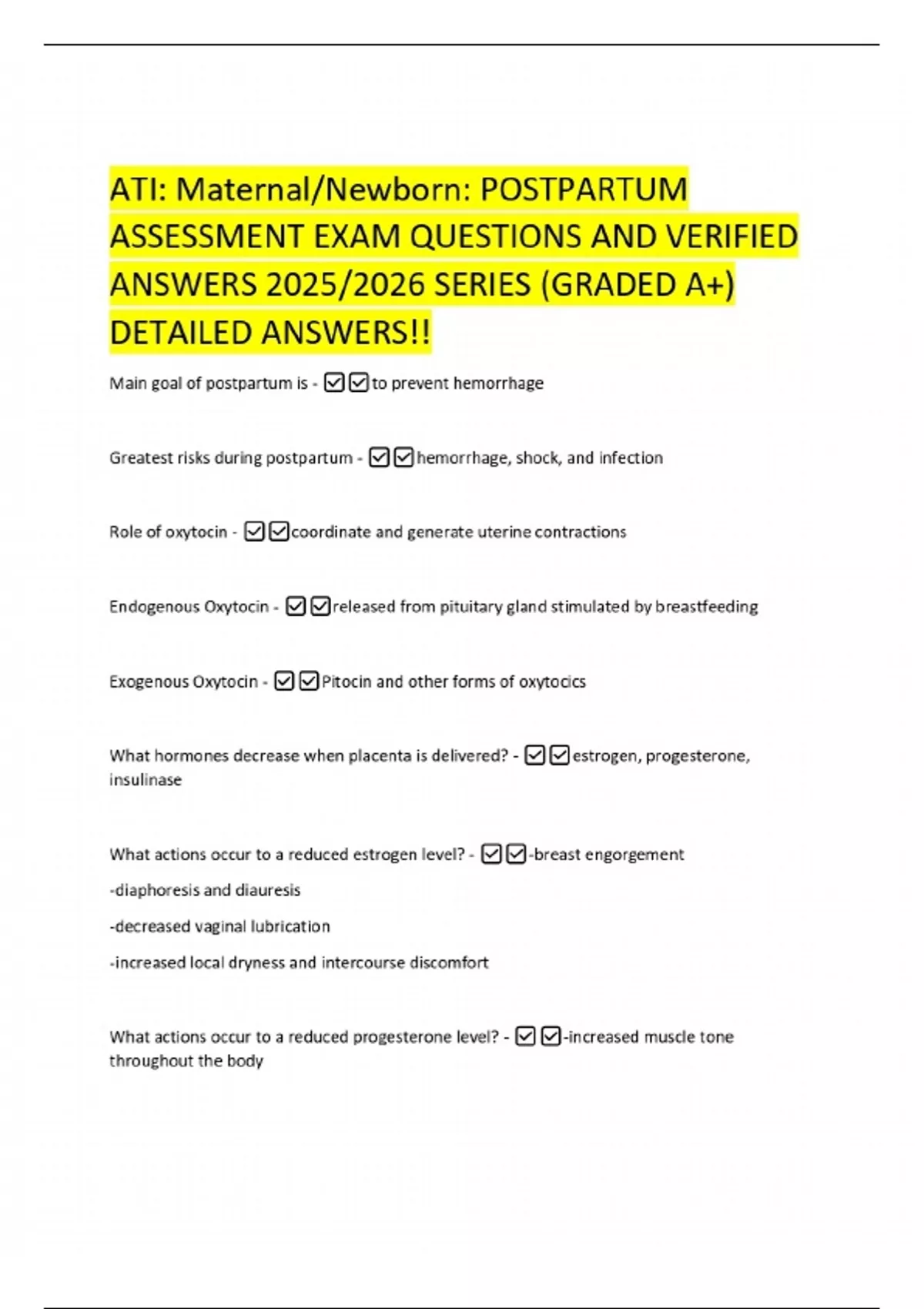 ATI: Maternal/Newborn: POSTPARTUM ASSESSMENT EXAM QUESTIONS AND ...