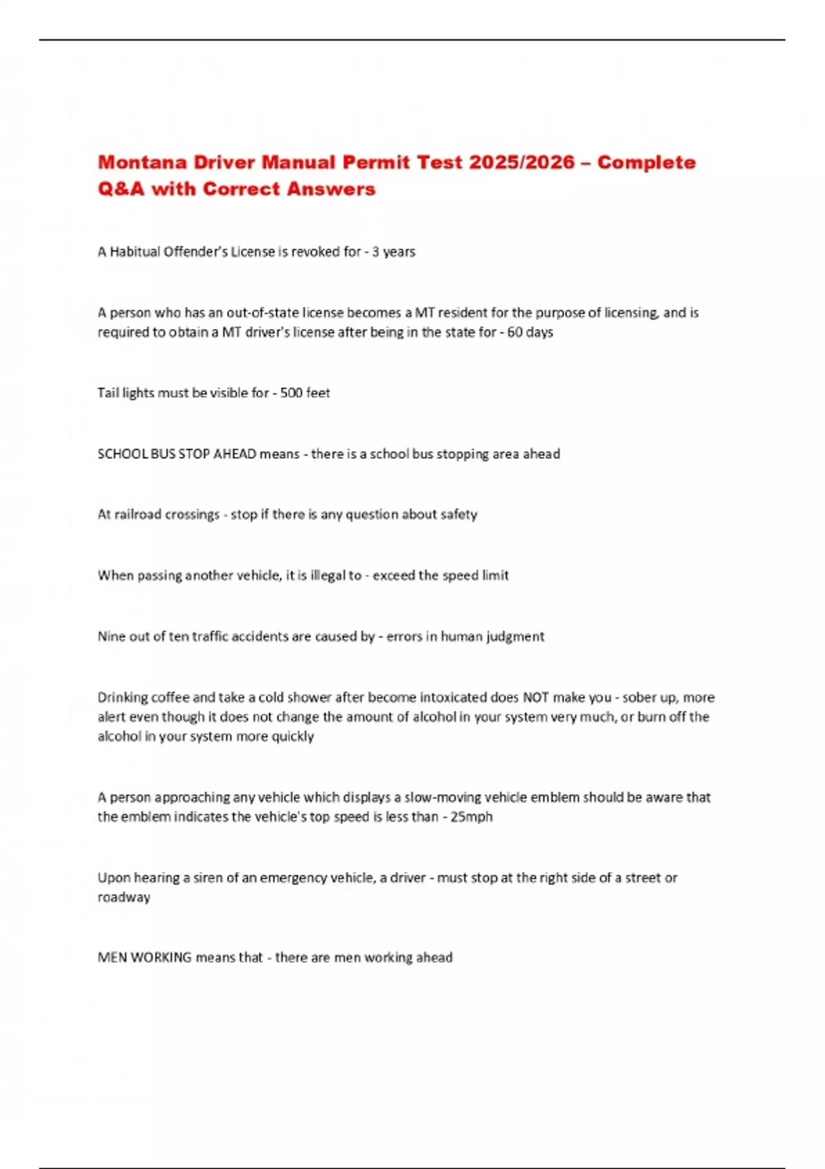 Montana Driver Manual Permit Test 2025/2026 – Complete Q&A with Correct ...