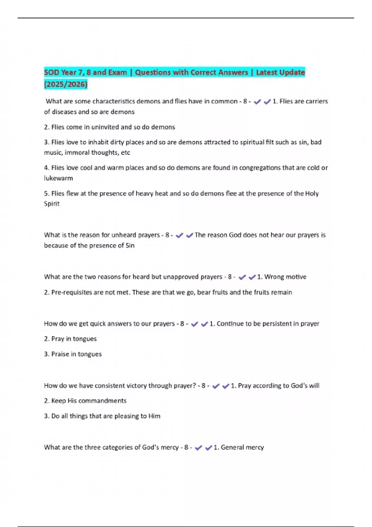 SOD Year 7, 8 and Exam | Questions with Correct Answers | Latest Update ...