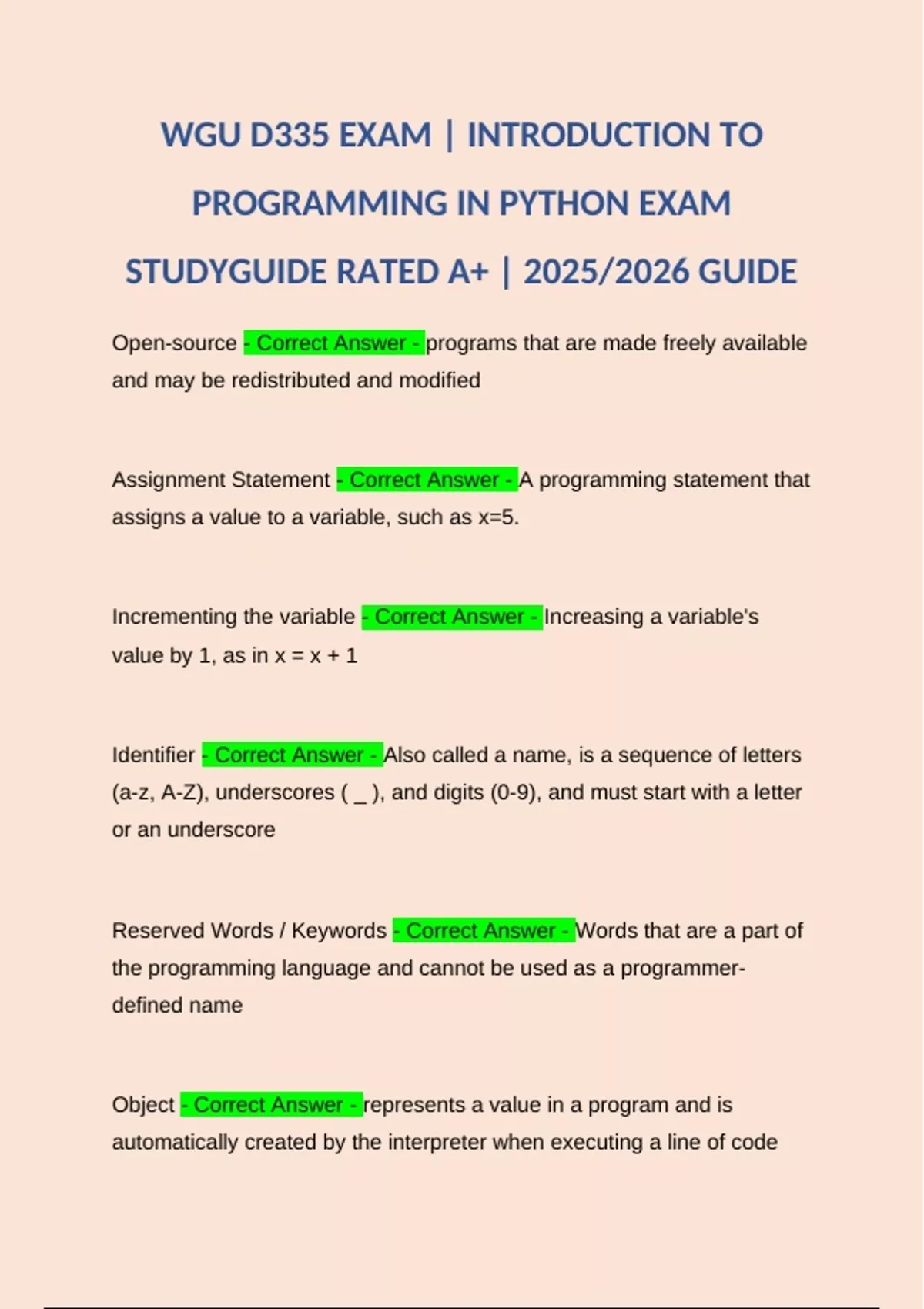 WGU D335 EXAM | INTRODUCTION TO PROGRAMMING IN PYTHON EXAM STUDYGUIDE RATED A+ | 2025/2026 GUIDE ...