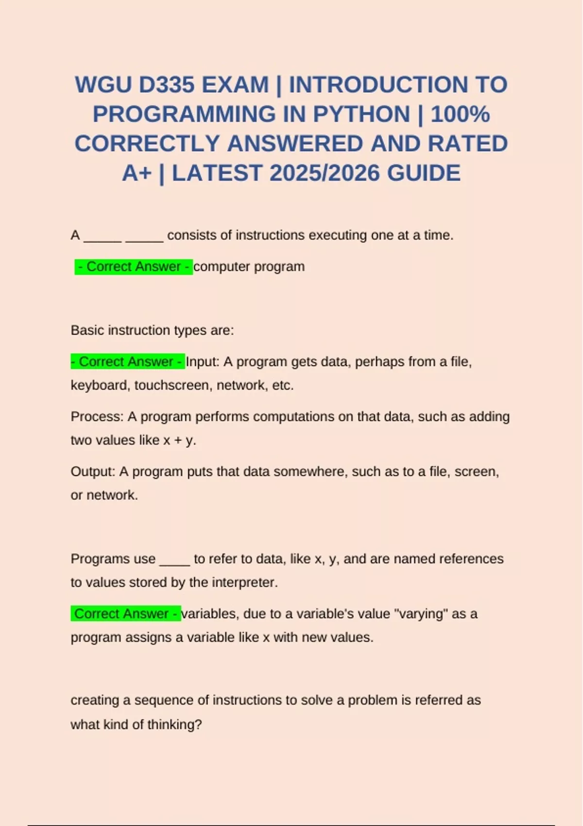 WGU D335 EXAM | INTRODUCTION TO PROGRAMMING IN PYTHON | 100% CORRECTLY ANSWERED AND RATED A+ ...