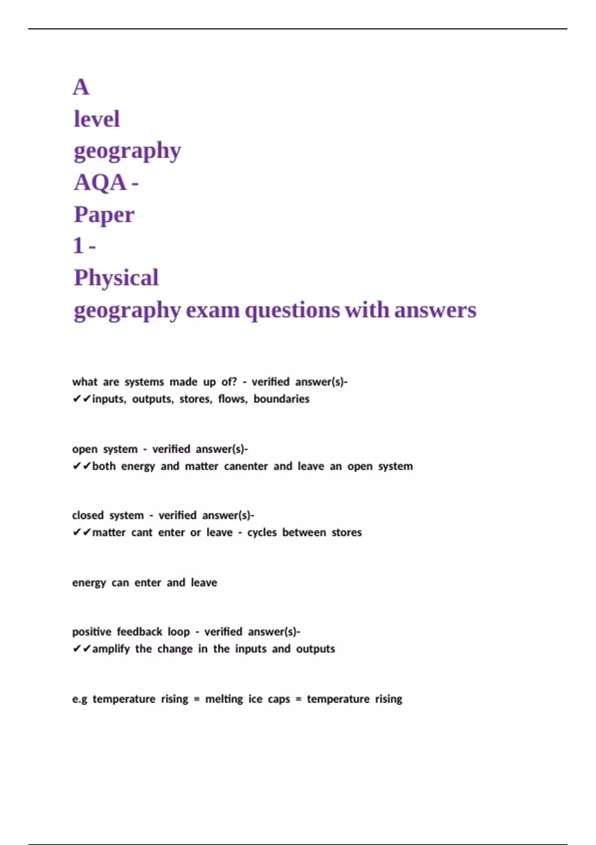 A level geography AQA - Paper 1 - Physical geography exam questions ...