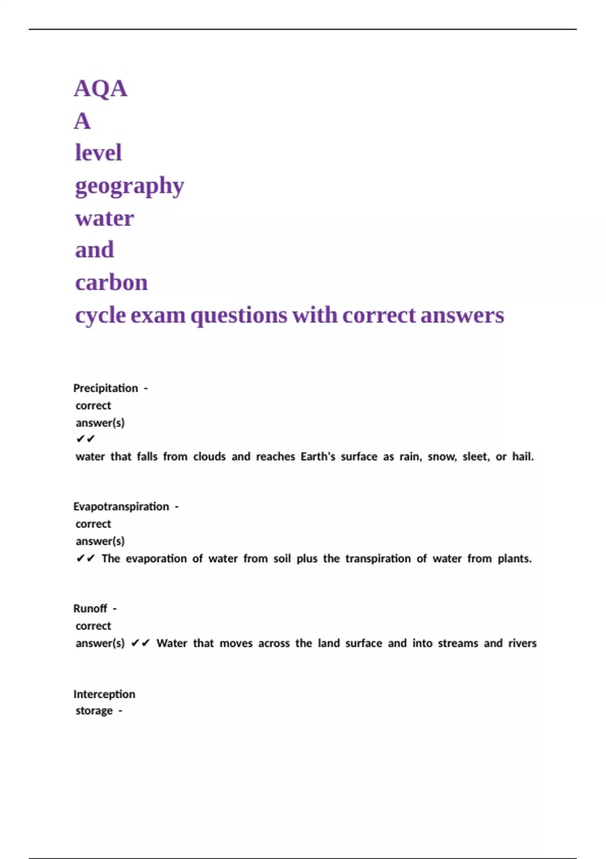 AQA A level geography water and carbon cycle exam questions with ...