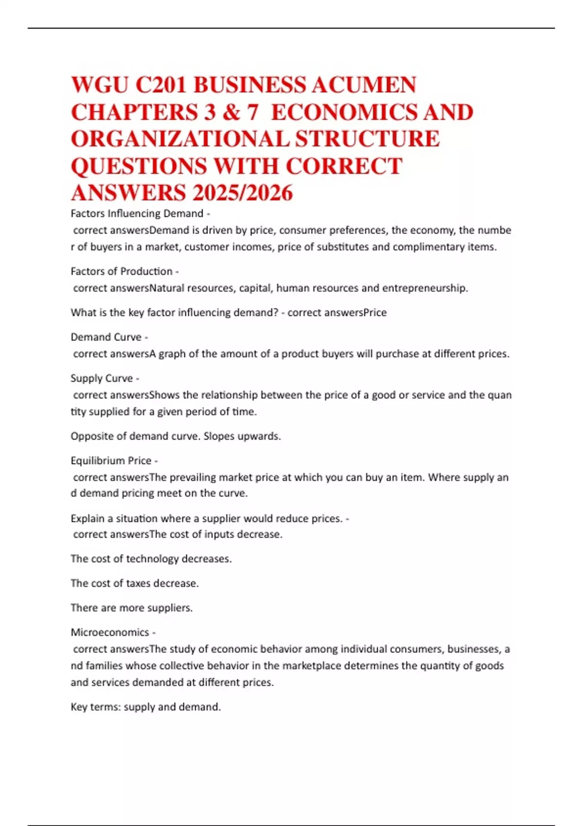 WGU C201 BUSINESS ACUMEN CHAPTERS 3 & 7 ECONOMICS AND ORGANIZATIONAL ...