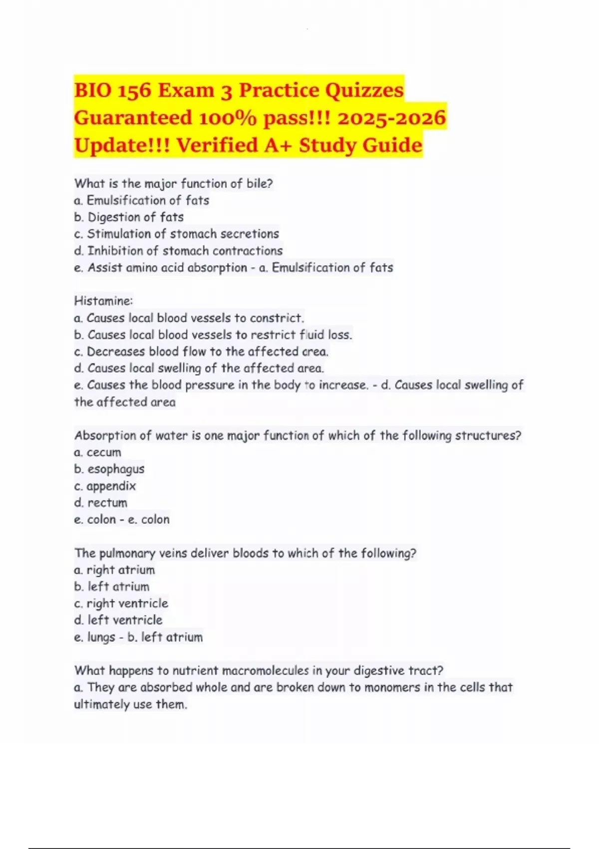 BIO 156 Exam 3 Practice Quizzes Guaranteed 100% pass!!! Update ...