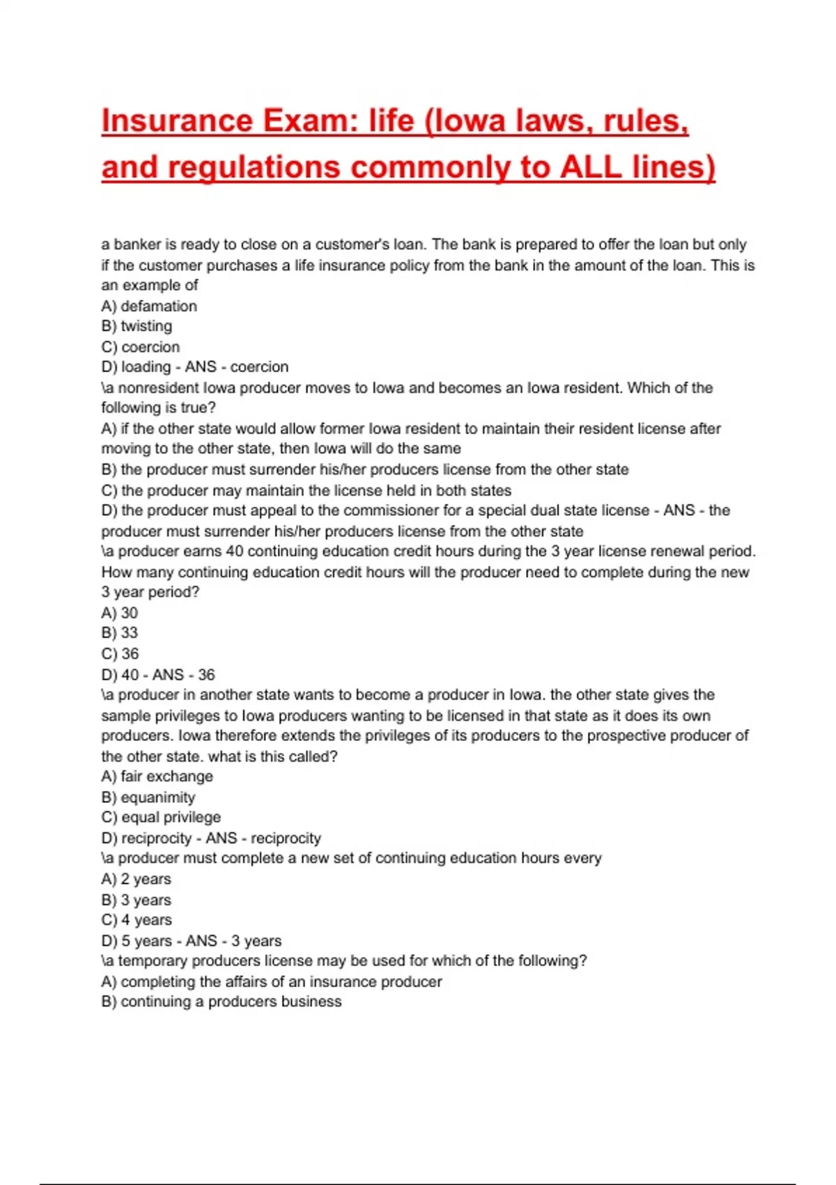 Insurance Exam: life (Iowa laws, rules, and regulations commonly to ALL ...