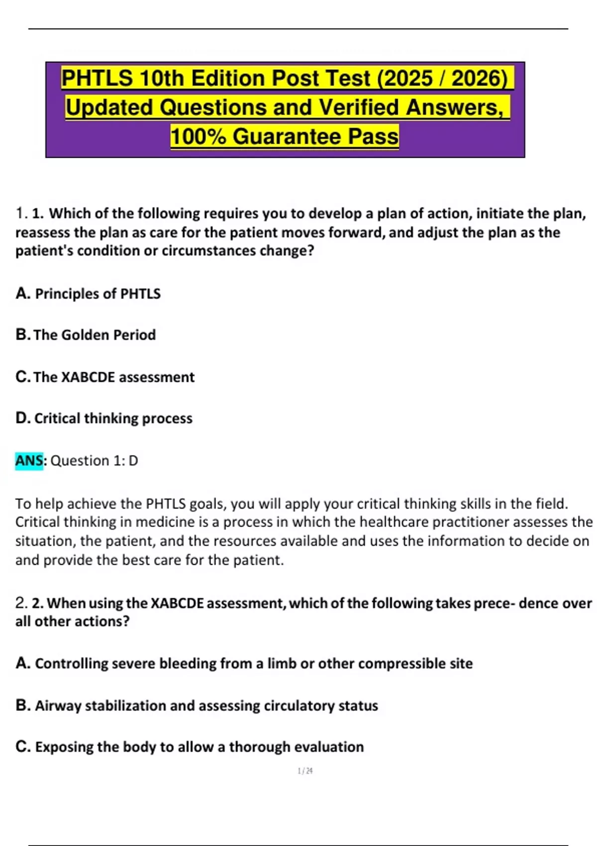 PHTLS 10th Edition Post Test (2025 / 2026) Updated Questions and ...