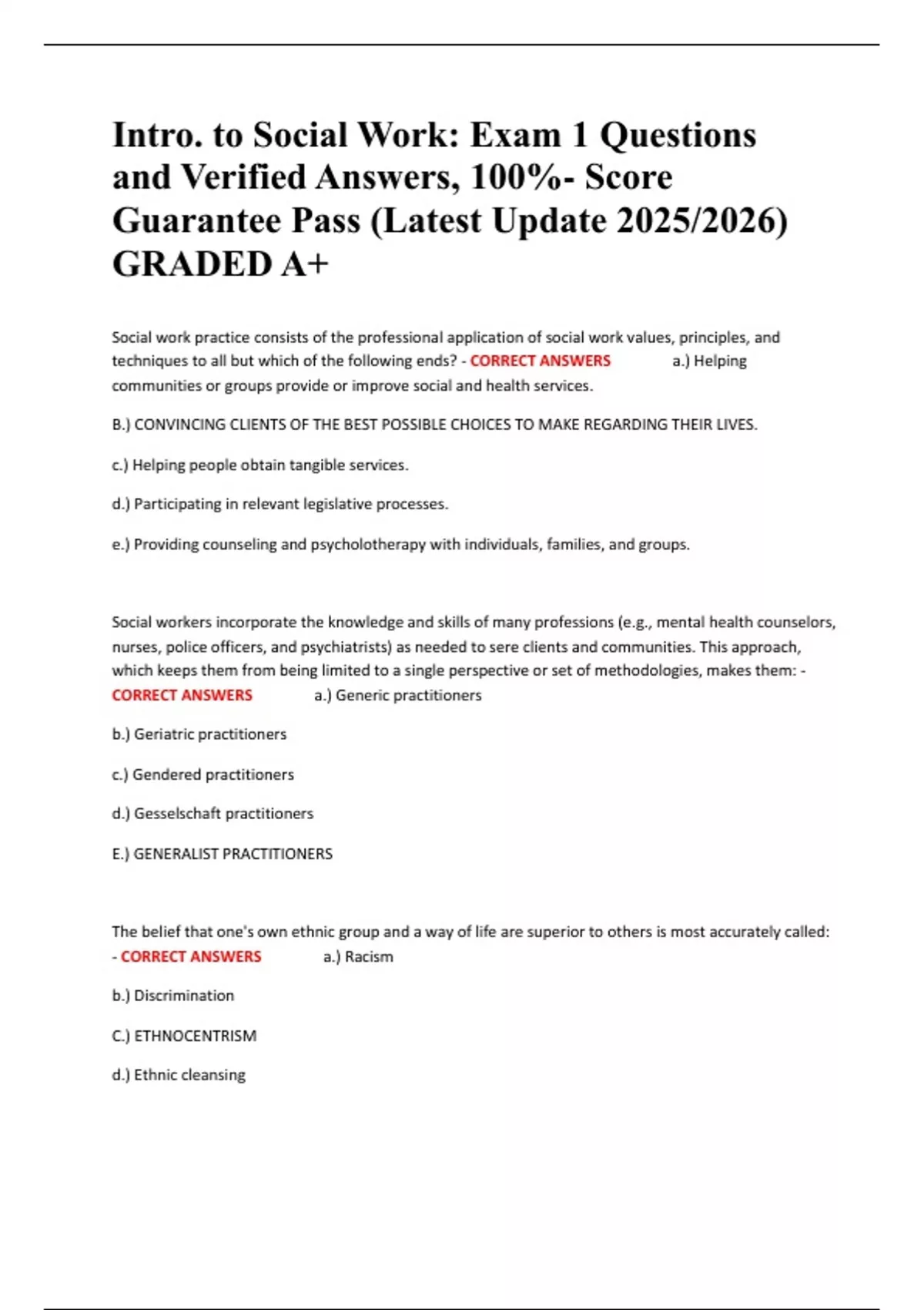 Summary Intro. to Social Work: Exam 1 Questions and Verified Answers ...