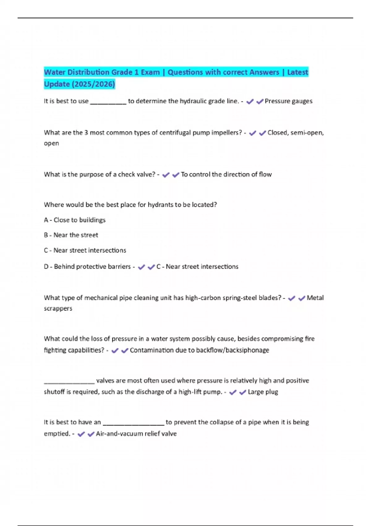 Water Distribution Grade 1 Exam | Questions with correct Answers ...