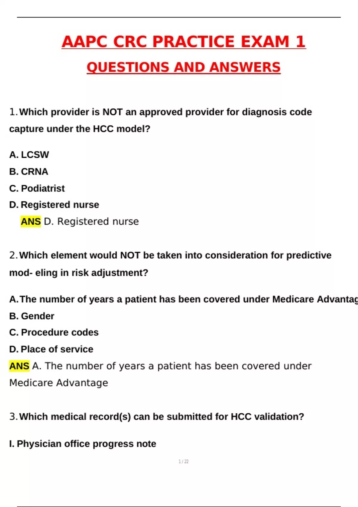 AAPC CRC PRACTICE EXAM 1 (Latest 2025 / 2026 Update) Questions and ...