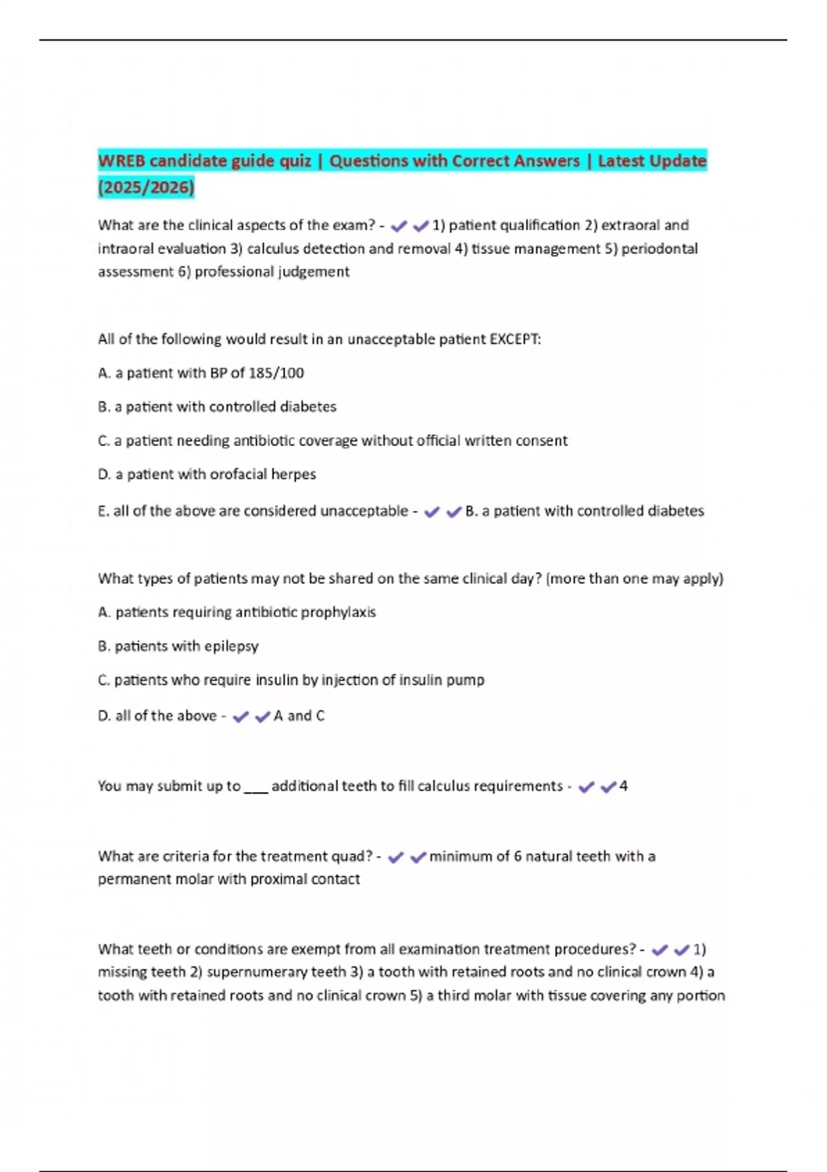 WREB candidate guide quiz | Questions with Correct Answers | Latest ...