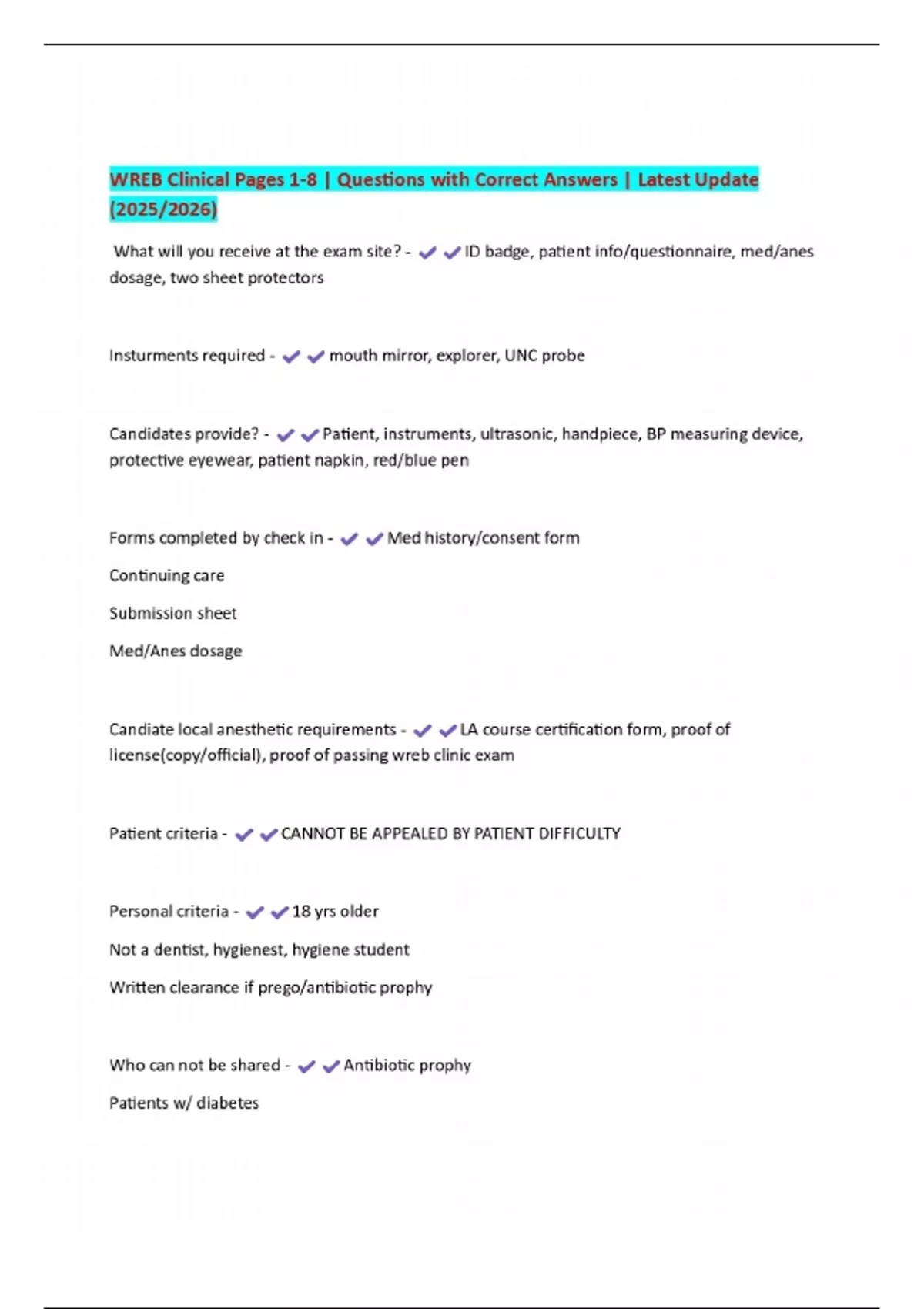 WREB Clinical Pages 1-8 | Questions with Correct Answers | Latest ...