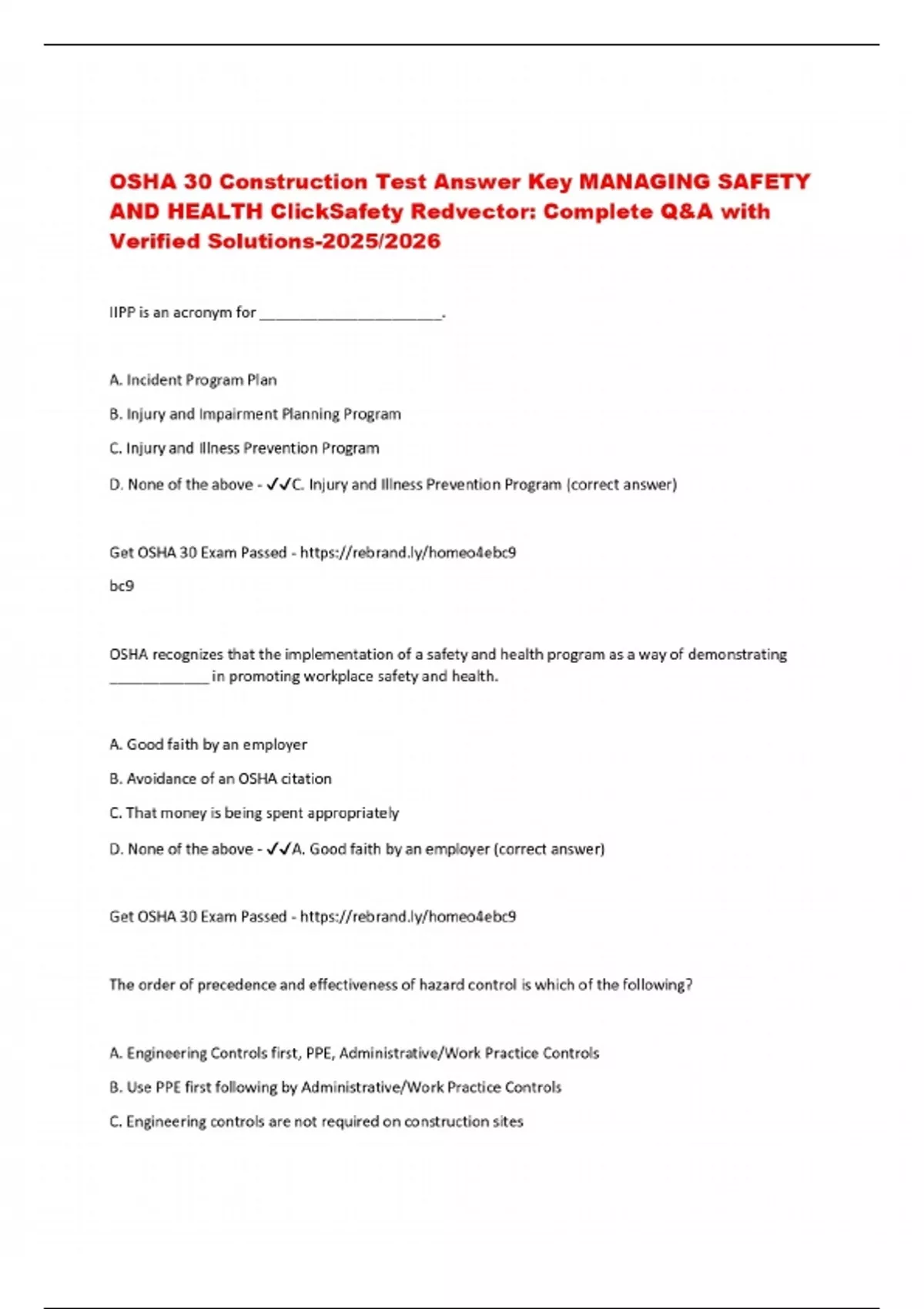 OSHA 30 Construction Test Answer Key MANAGING SAFETY AND HEALTH ...