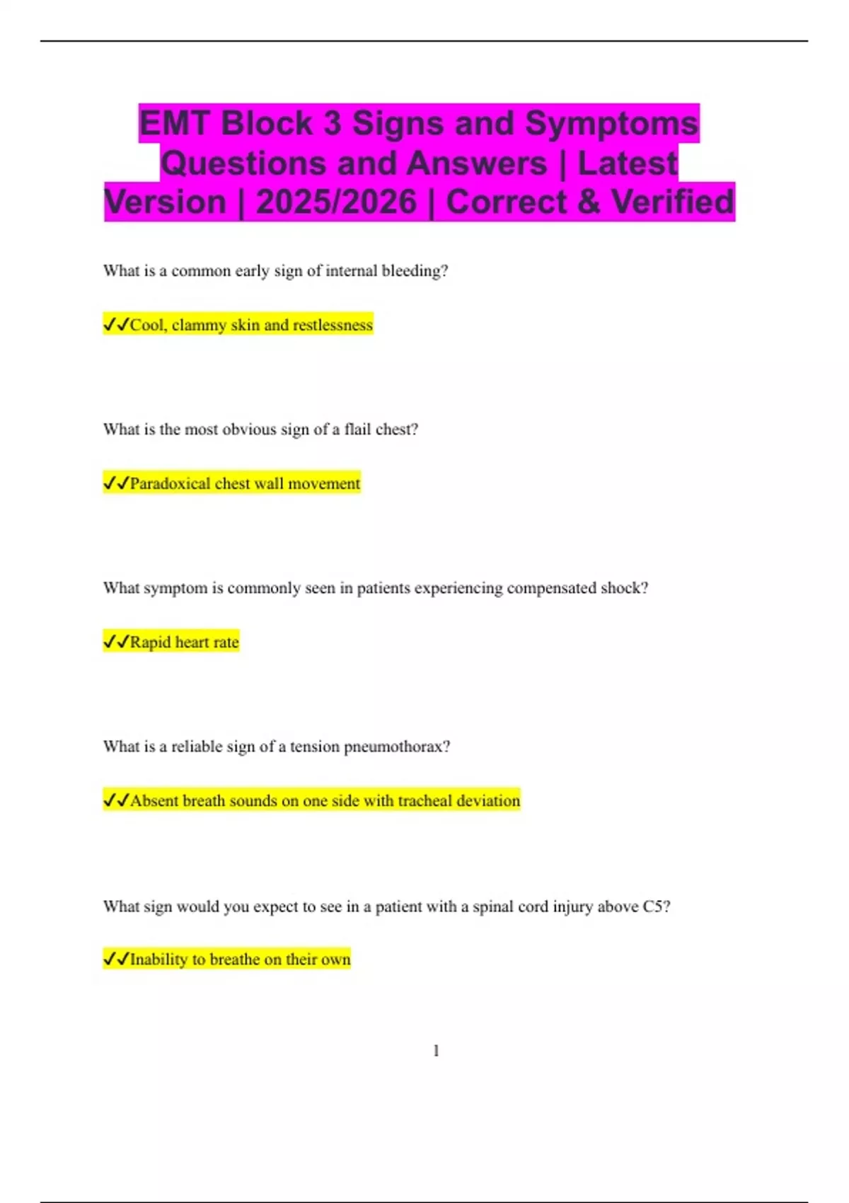 EMT Block 3 Signs and Symptoms Questions and Answers | Latest Version ...