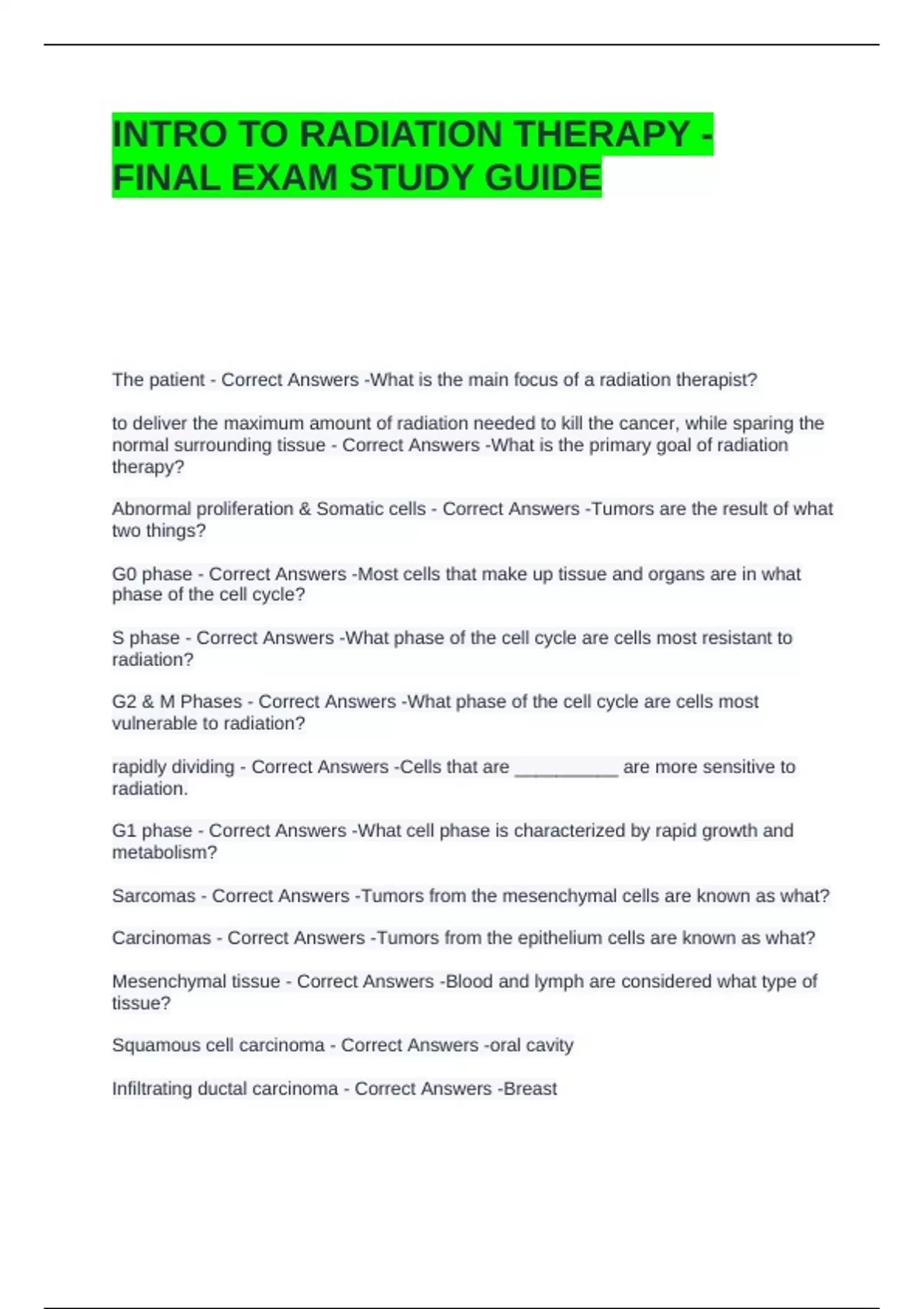 INTRO TO RADIATION THERAPY - FINAL EXAM STUDY GUIDE WITH COMPLETE ...