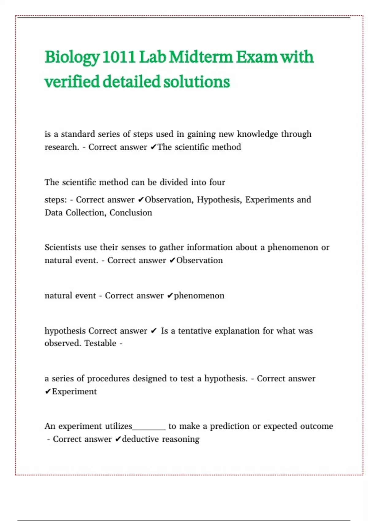 Biology 1011 Lab Midterm Exam with verified detailed solutions - Biology 1011 / BIO 1011 / BIOL ...