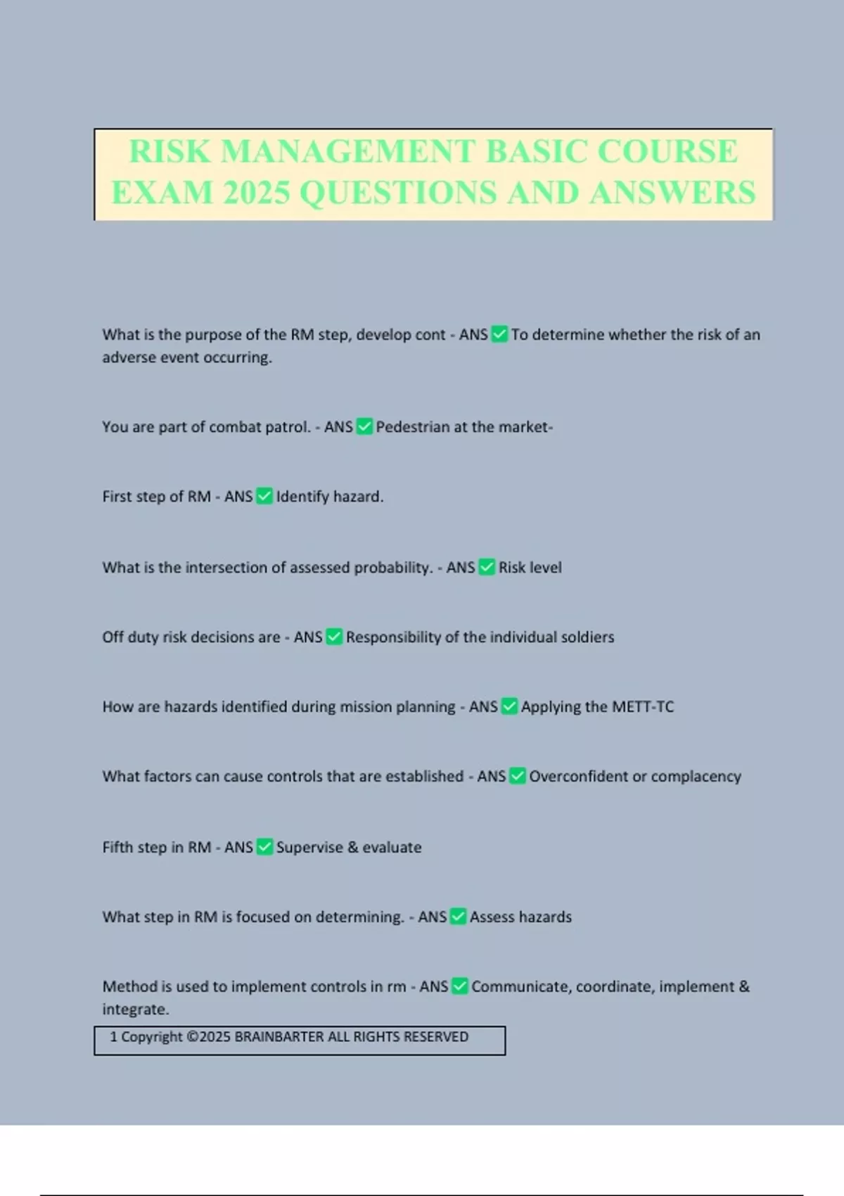 RISK MANAGEMENT BASIC COURSE EXAM 2025 QUESTIONS AND ANSWERS - RISK MANAGEMENT - Stuvia US