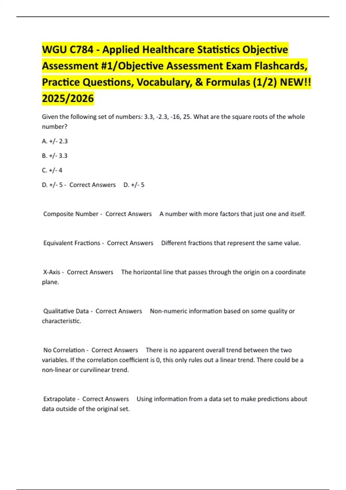 WGU C784 - Applied Healthcare Statistics Objective Assessment #1 ...