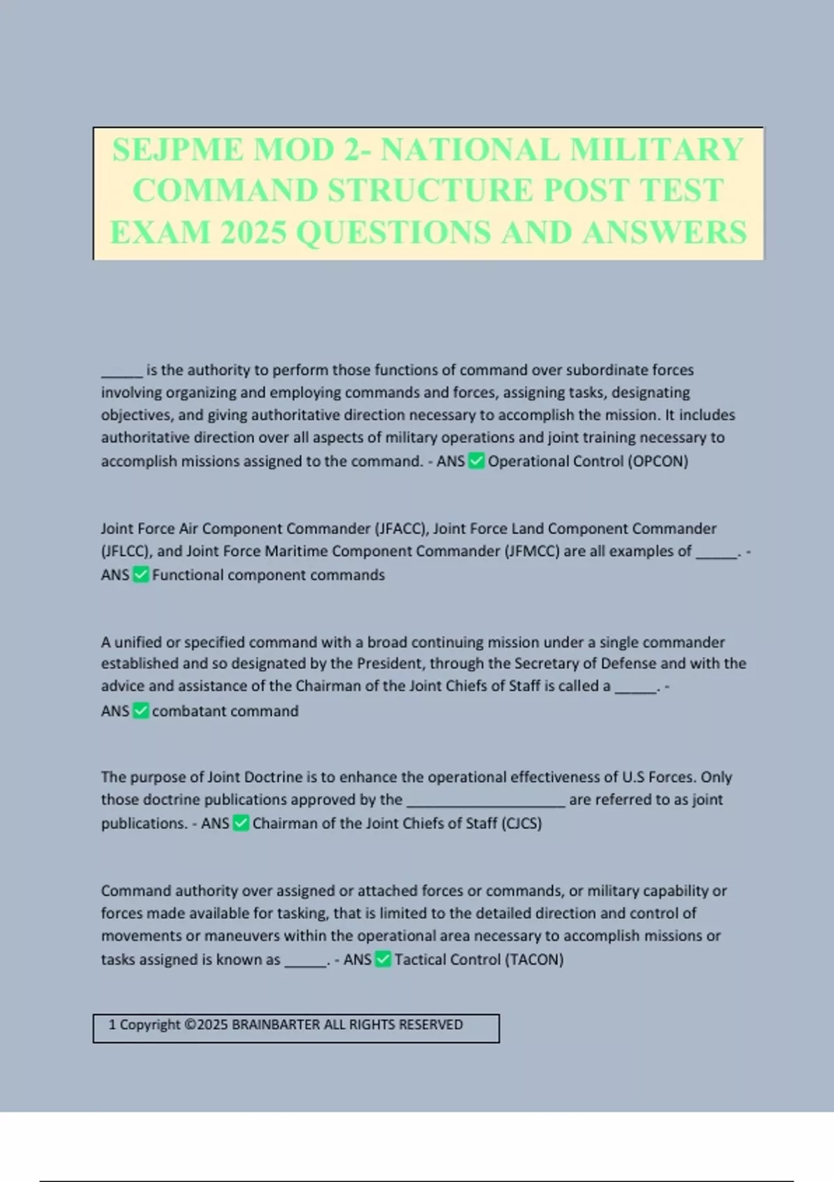 SEJPME MOD 2- NATIONAL MILITARY COMMAND STRUCTURE POST TEST EXAM 2025 ...