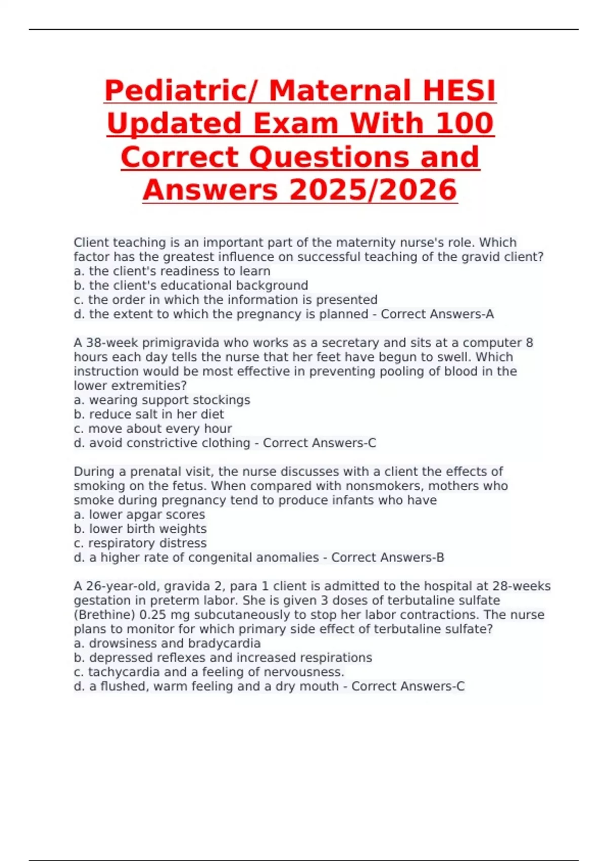 Pediatric/Maternal HESI Updated Exam 2025/2026 – 100 Correct Questions ...