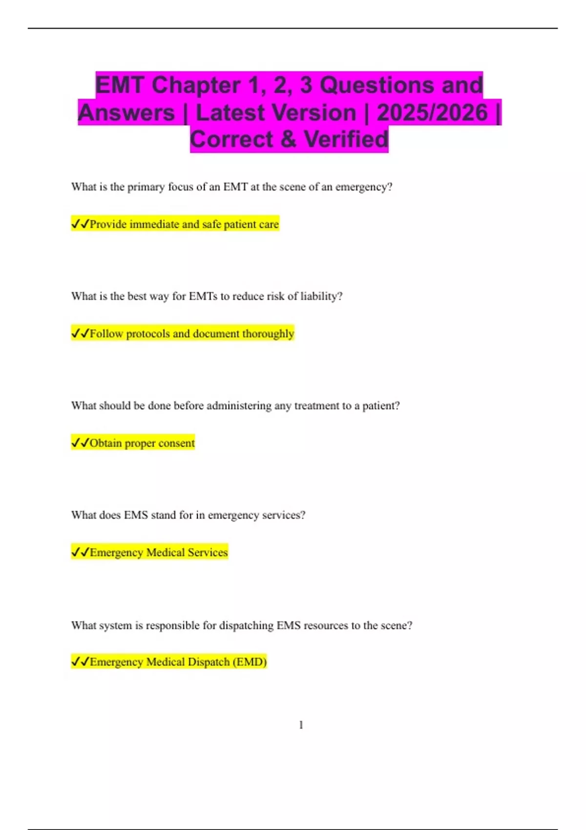 EMT Chapter 1, 2, 3 Questions and Answers | Latest Version | 2025/2026 ...
