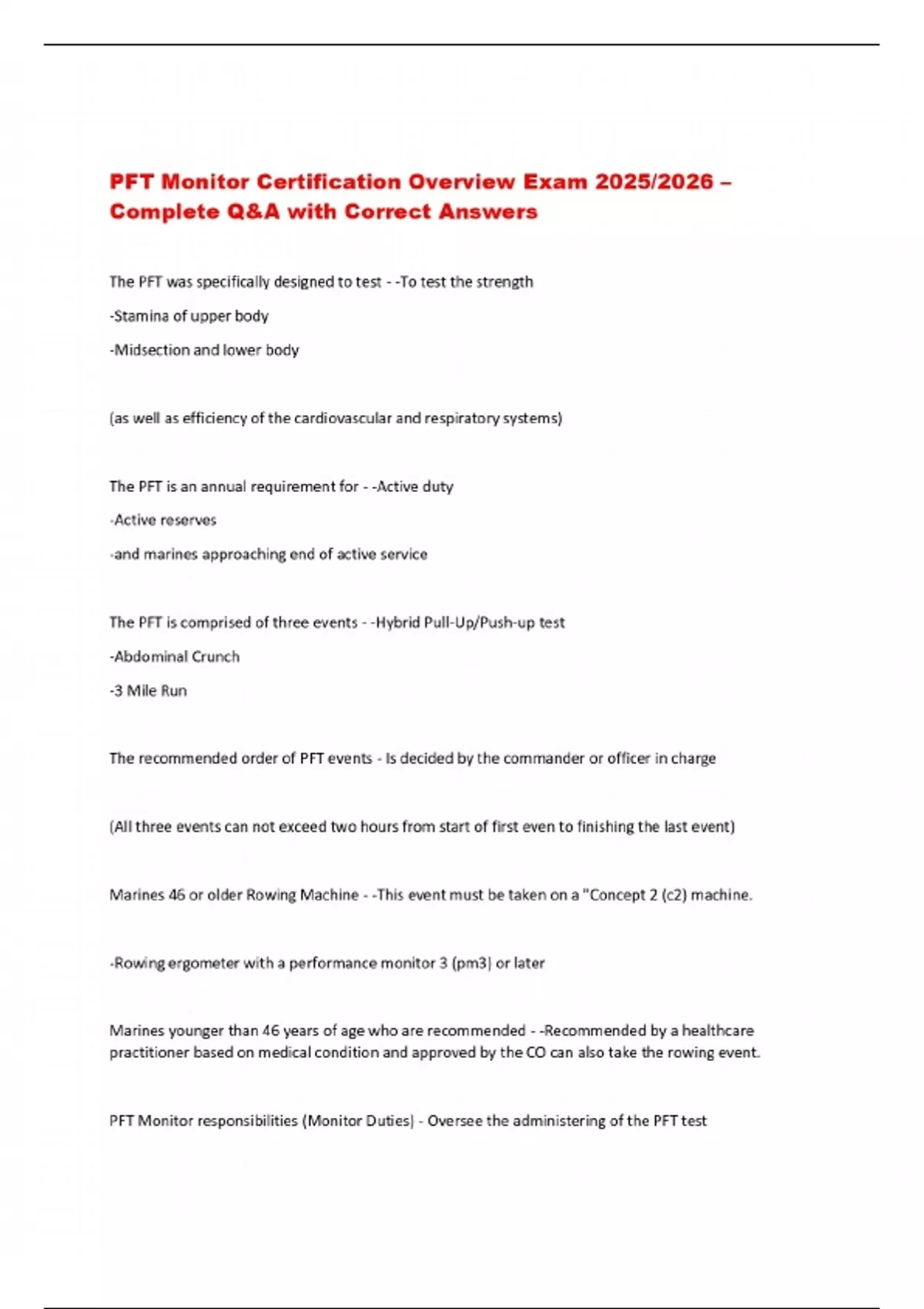 PFT Monitor Certification Overview Exam 2025/2026 – Complete Q&A with ...