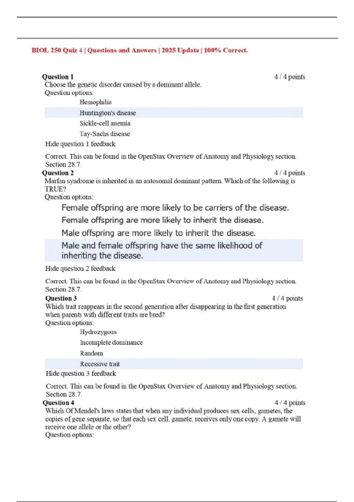 BIOL 250 Quiz 4 | Questions and Answers | 2025 Update | 100% Correct ...