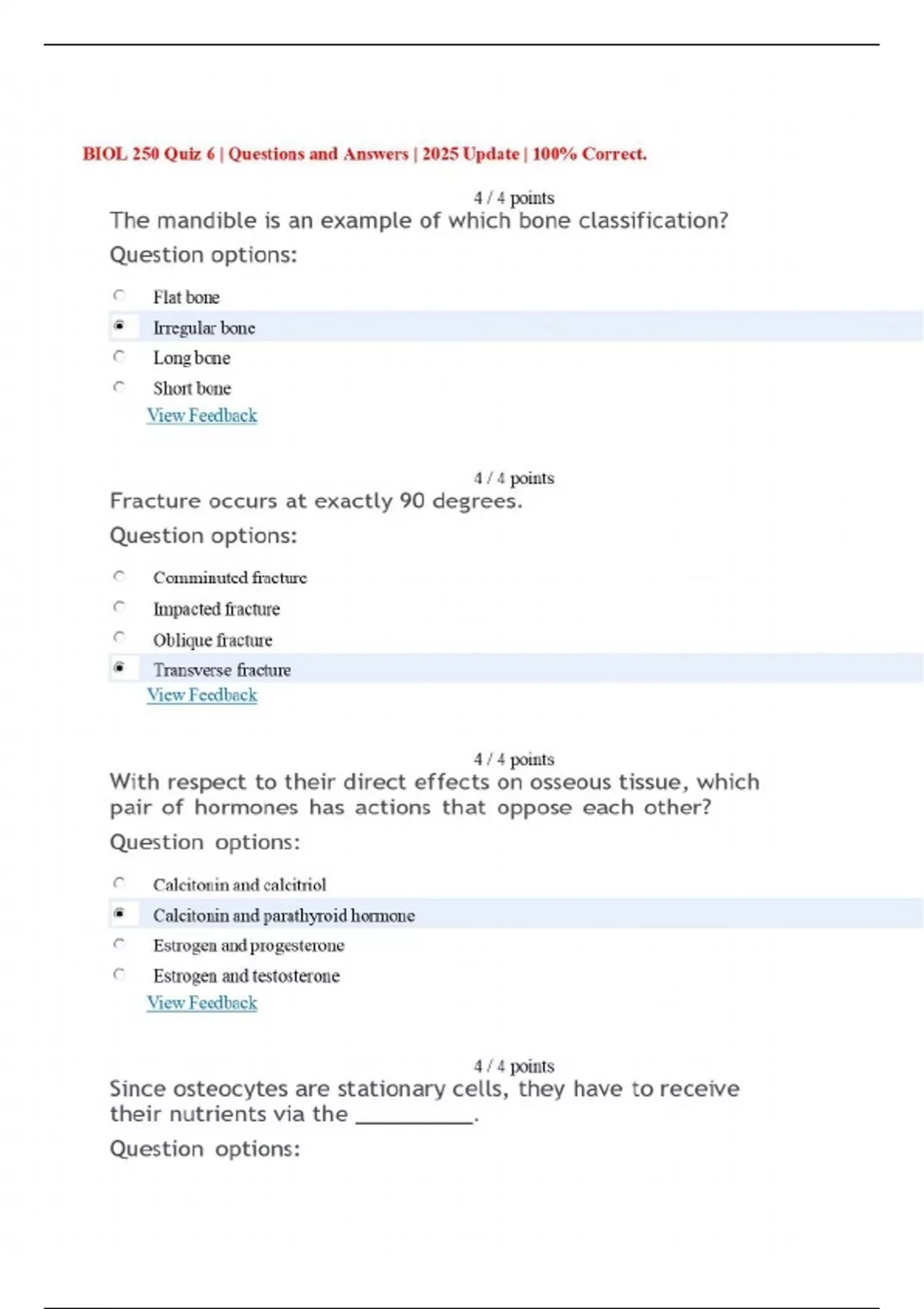 BIOL 250 Quiz 6 | Questions and Answers | 2025 Update | 100% Correct ...