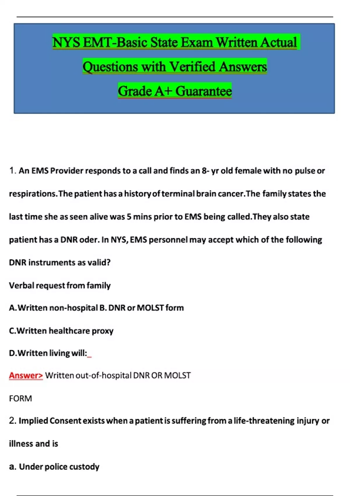 NYS EMT-Basic State Exam Written Actual 2025 / 2026 Questions with ...
