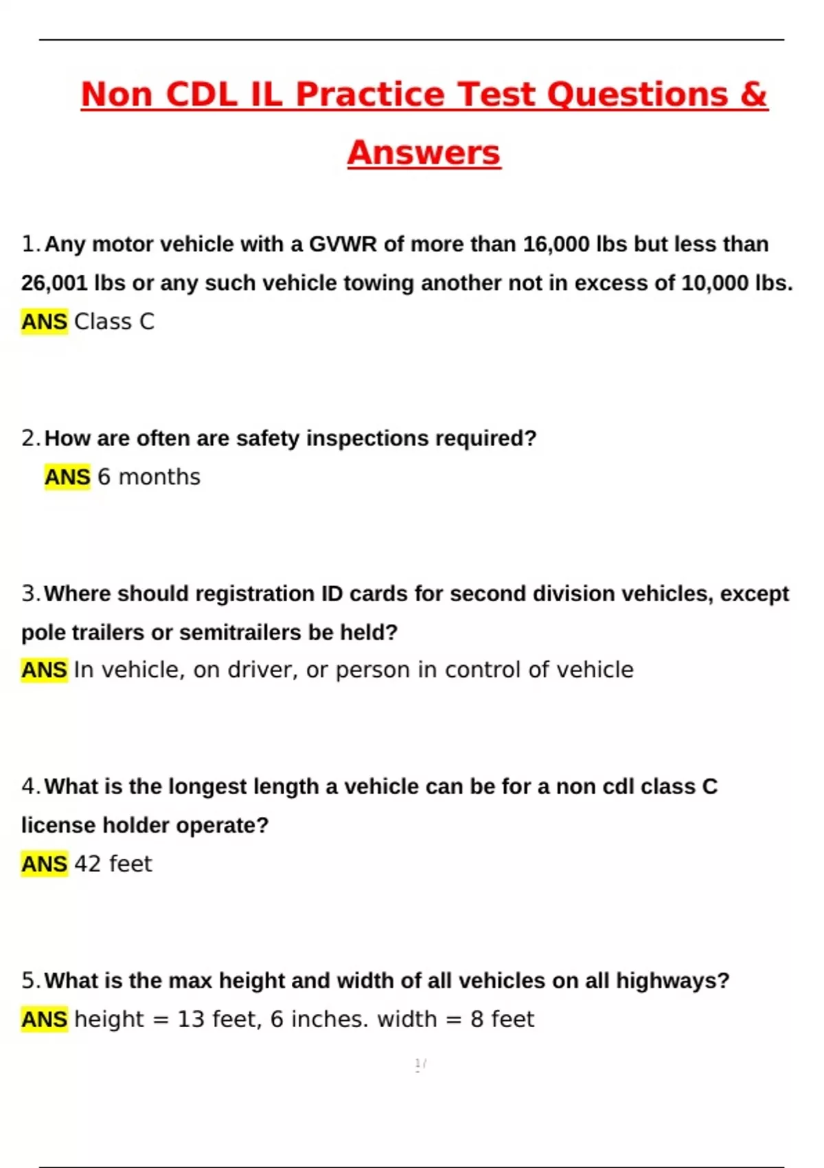 Non CDL IL Practice Test (Latest 2025 / 2026 Update) Questions and ...