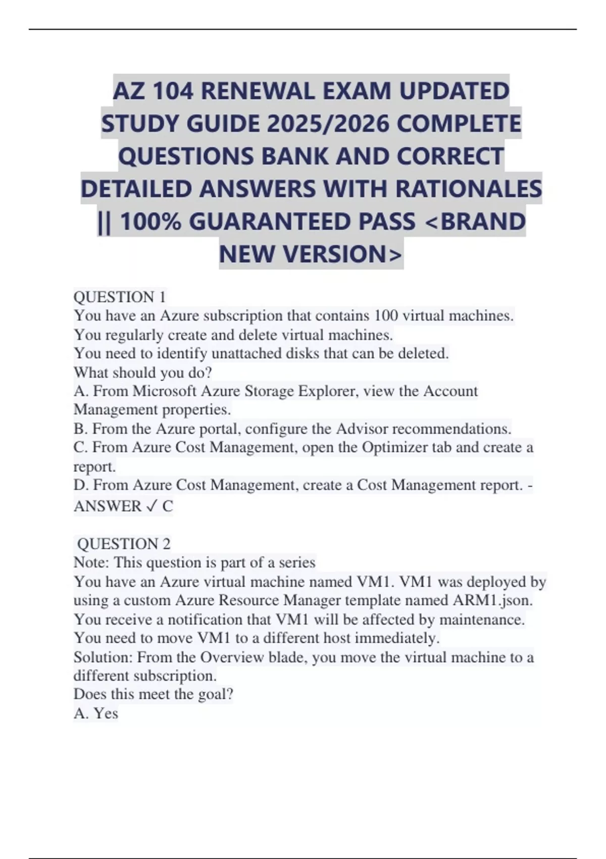 AZ 104 RENEWAL EXAM UPDATED STUDY GUIDE 2025/2026 COMPLETE QUESTIONS ...