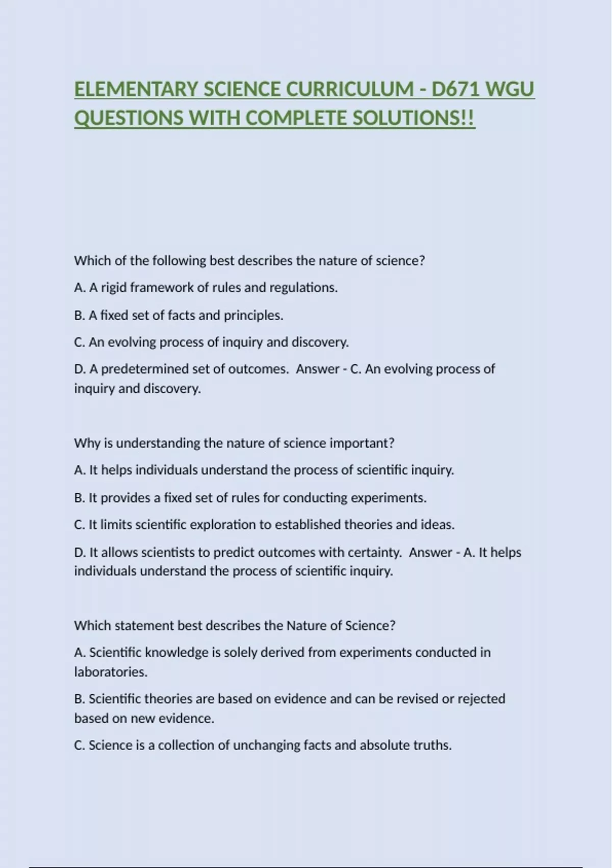 ELEMENTARY SCIENCE CURRICULUM - D671 WGU QUESTIONS WITH COMPLETE ...