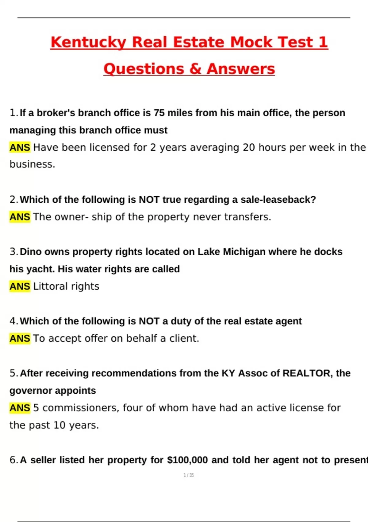 Kentucky Real Estate Mock Test 1 (Latest 2025 / 2026 Update) Questions ...