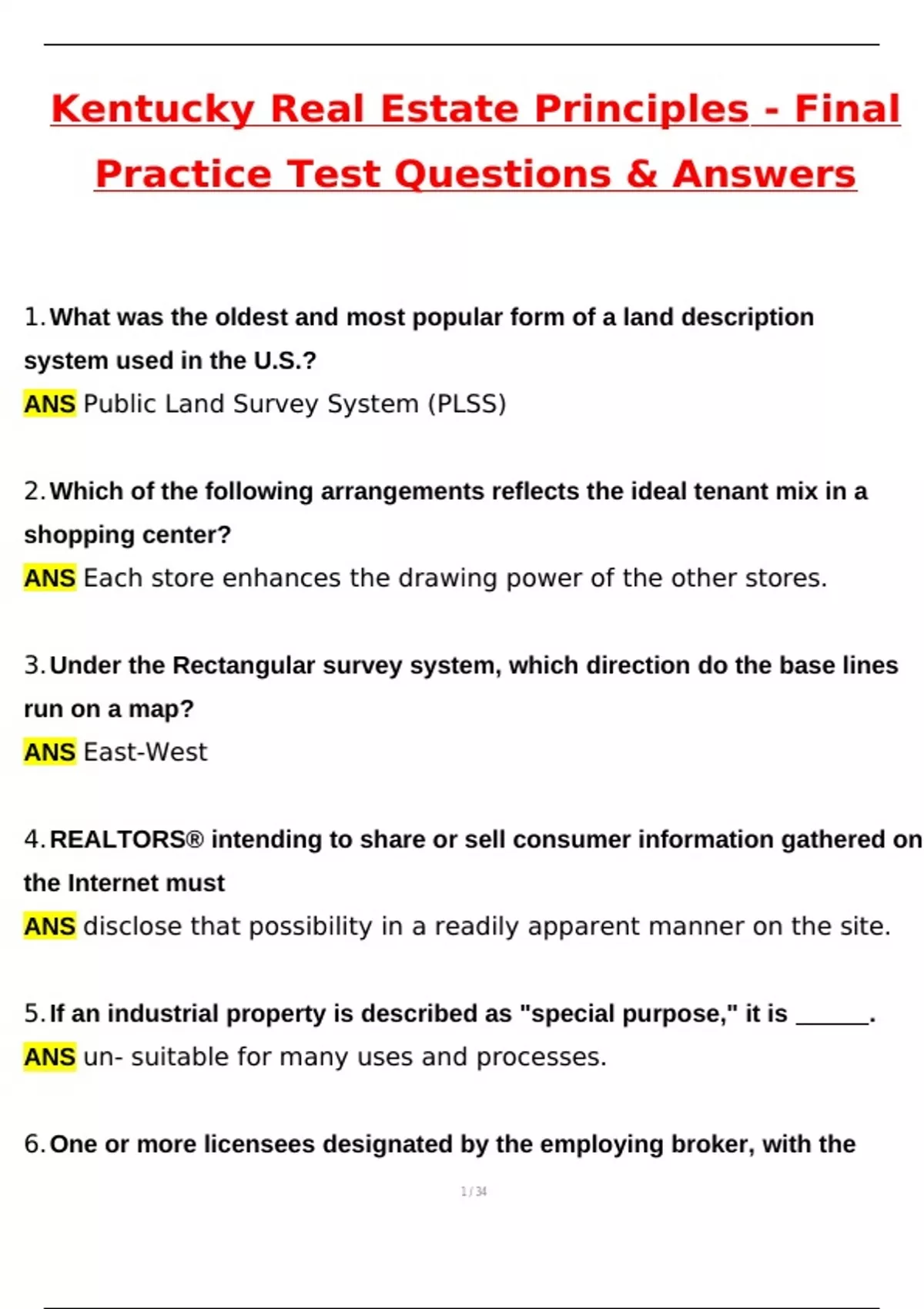 Kentucky Real Estate Principles Final Practice Test (Latest 2025 / 2026 ...