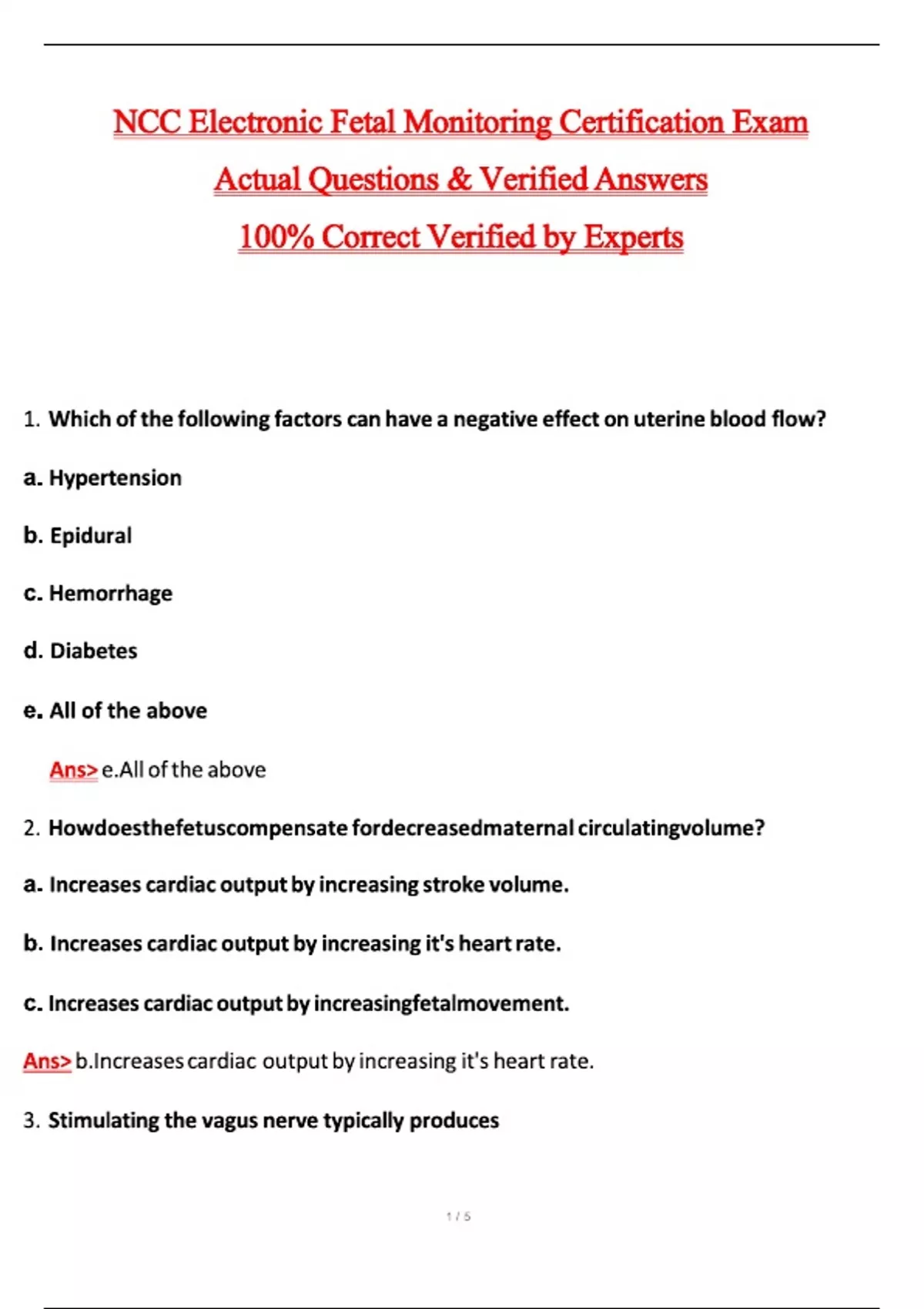 NCC Electronic Fetal Monitoring Certification Exam 2025 Actual Questions & Verified Answers 100% ...