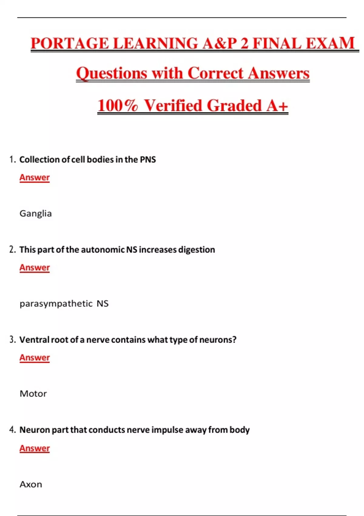 Portage Learning A&P 2 Final Exam Questions and Revised Correct Answers & Rationales (2025 / ...