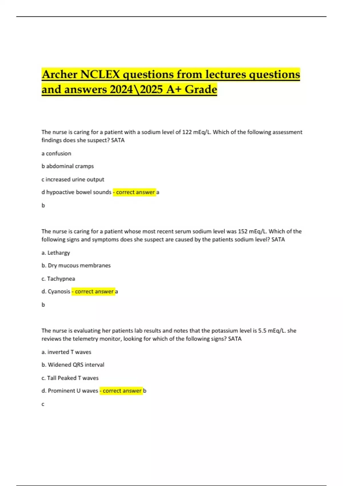Archer NCLEX Questions and Answers from Lectures with Verified ...