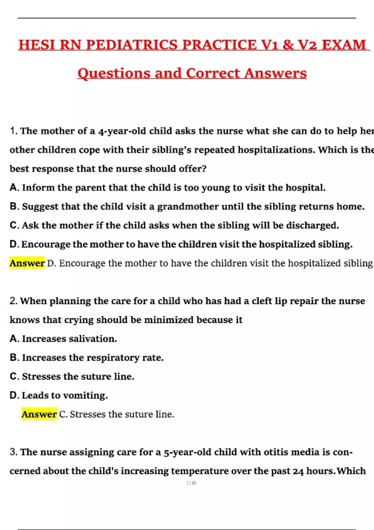 HESI RN Pediatric Practice Version 1 & Version 2 Exam (Latest 2025 / ...